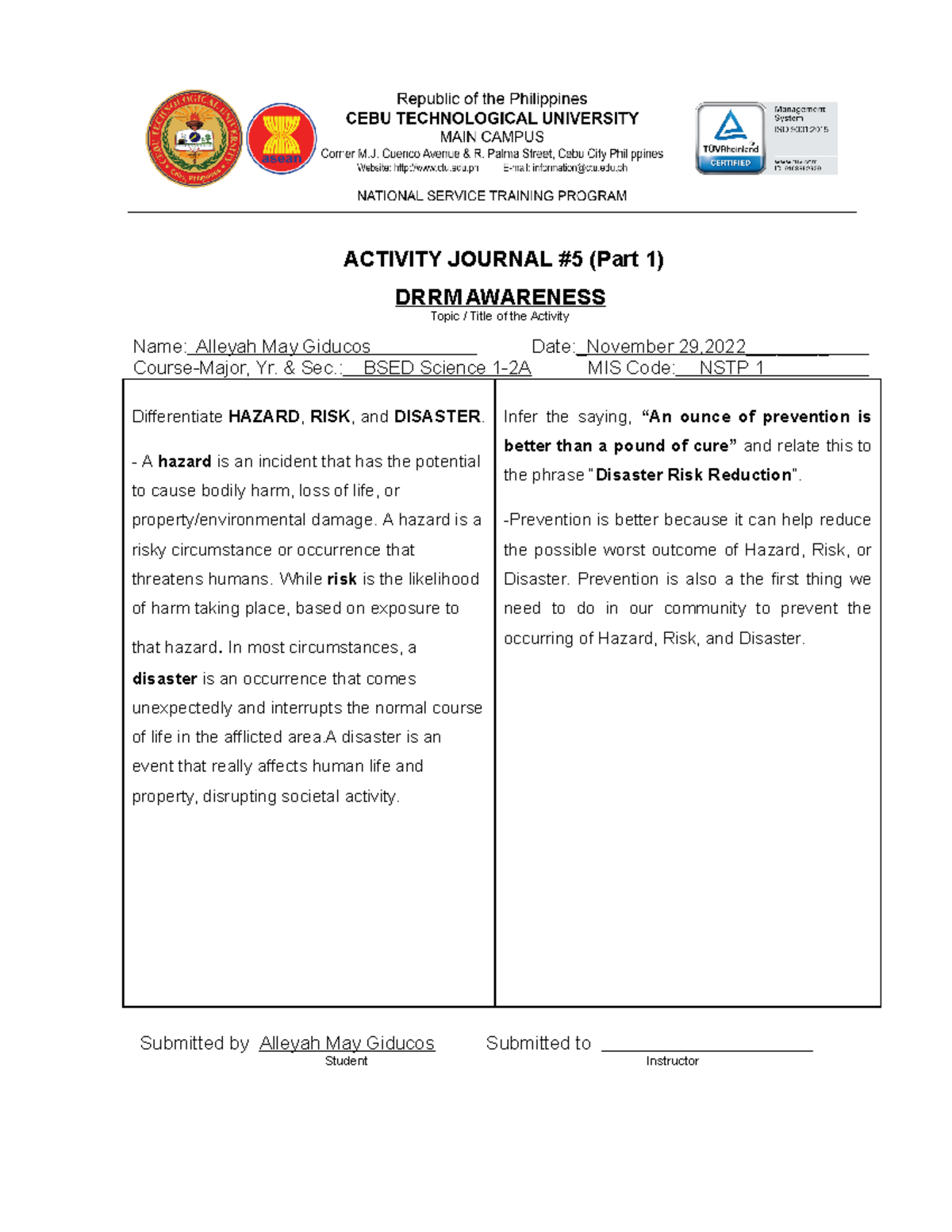 1st 22 23 Activity Journal DRRM Awareness the CCA - ACTIVITY JOURNAL #5 ...