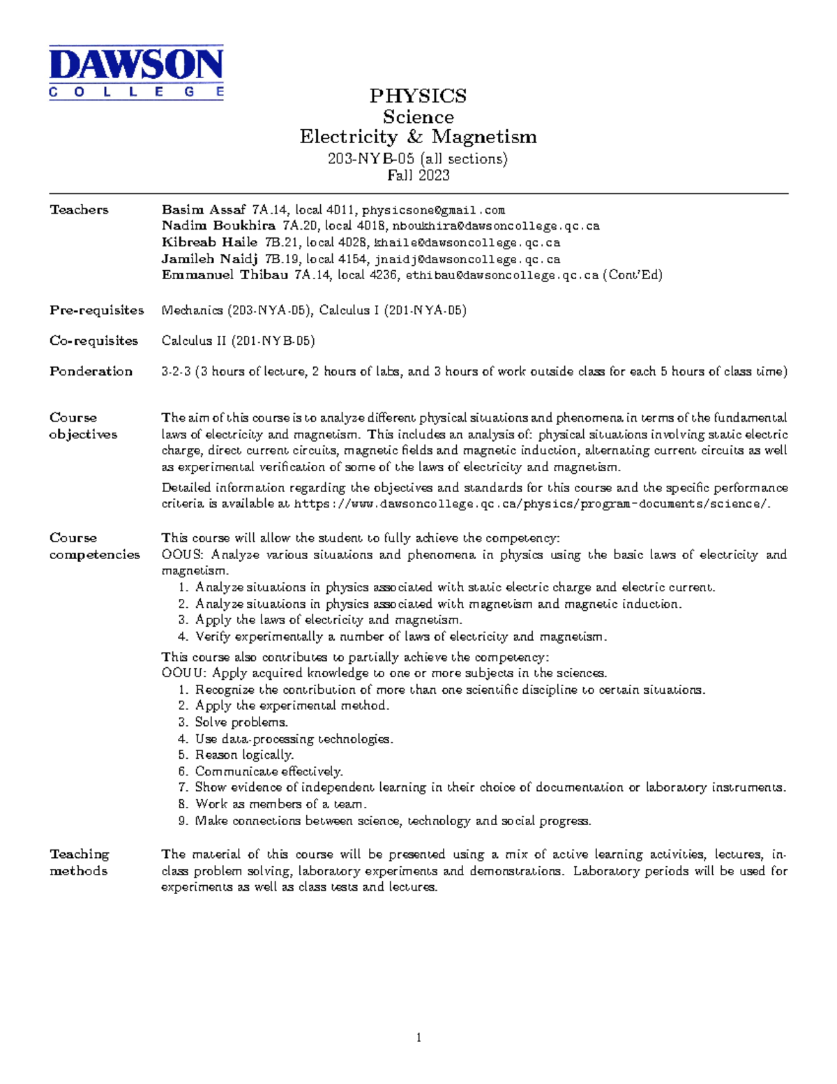 203 NYB 05 - The course outline - PHYSICS Science Electricity & Magnetism 203-NYB-05 (all - Studocu