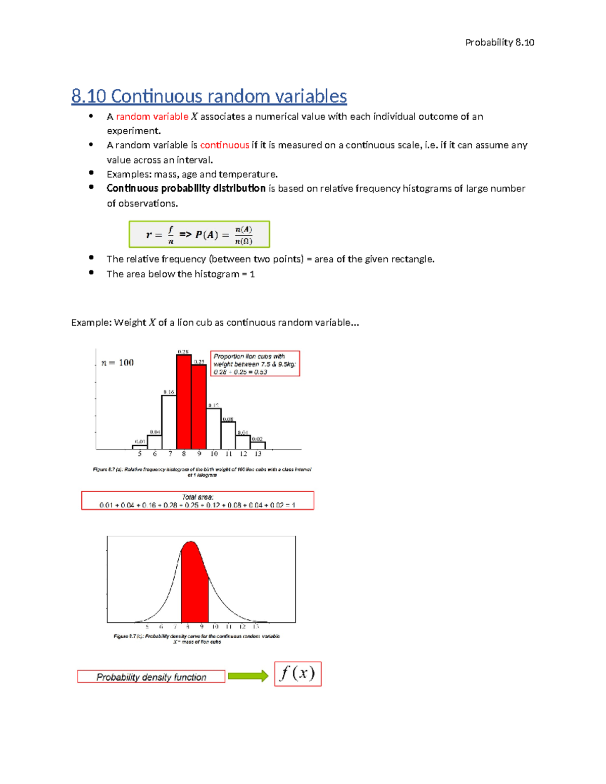 Probability chAPTER 8.10 - Probability 8. 8 Continuous random variables A random variable 𝑋 ...