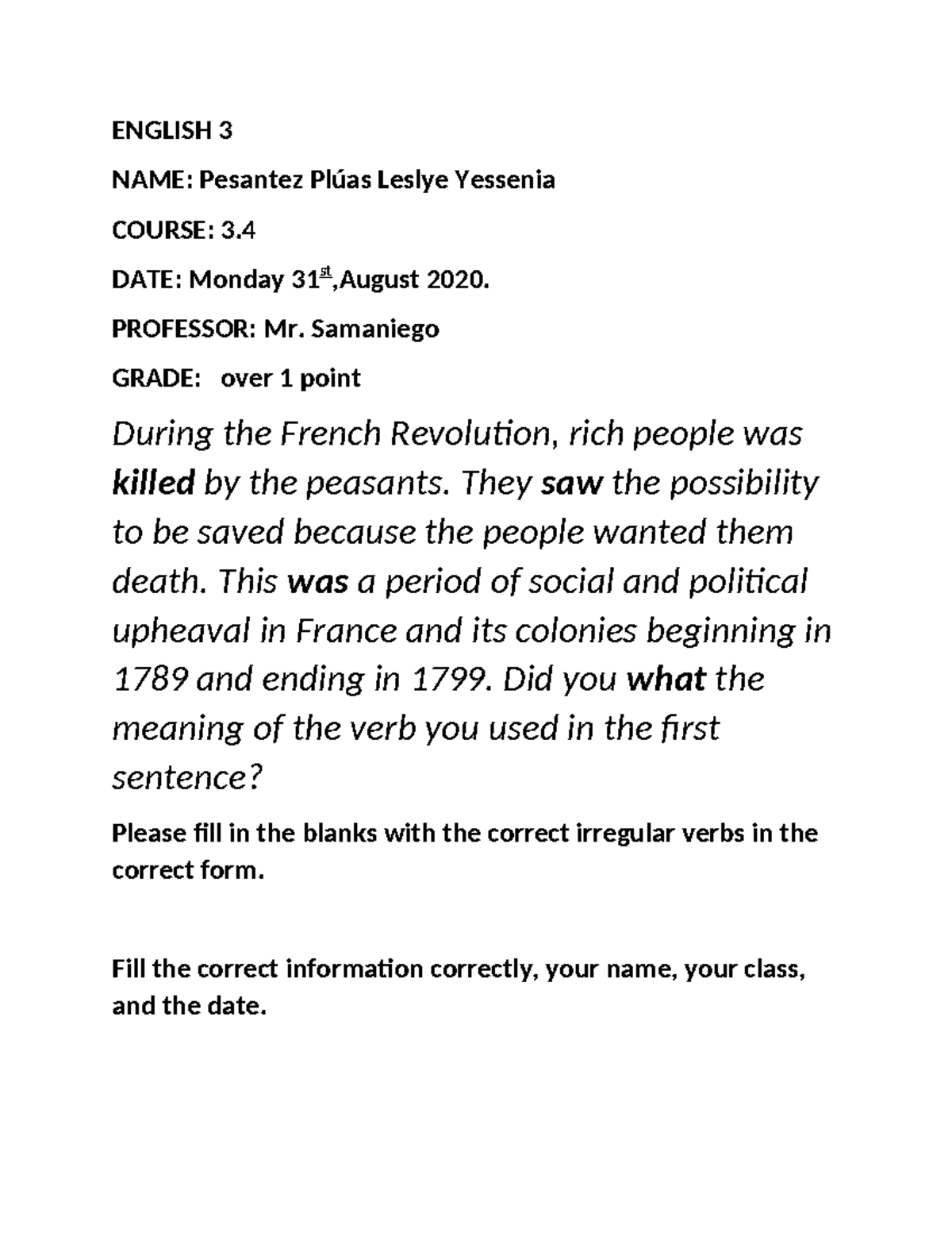 Homework WEEK 1 English 3 FILL IN THE Blanks WITH Irregular Verbs ...