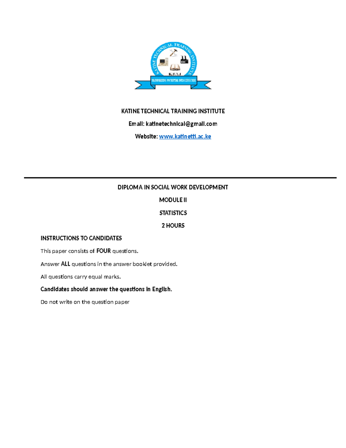 Statistics - KATINE TECHNICAL TRAINING INSTITUTE Email: katinetechnical ...