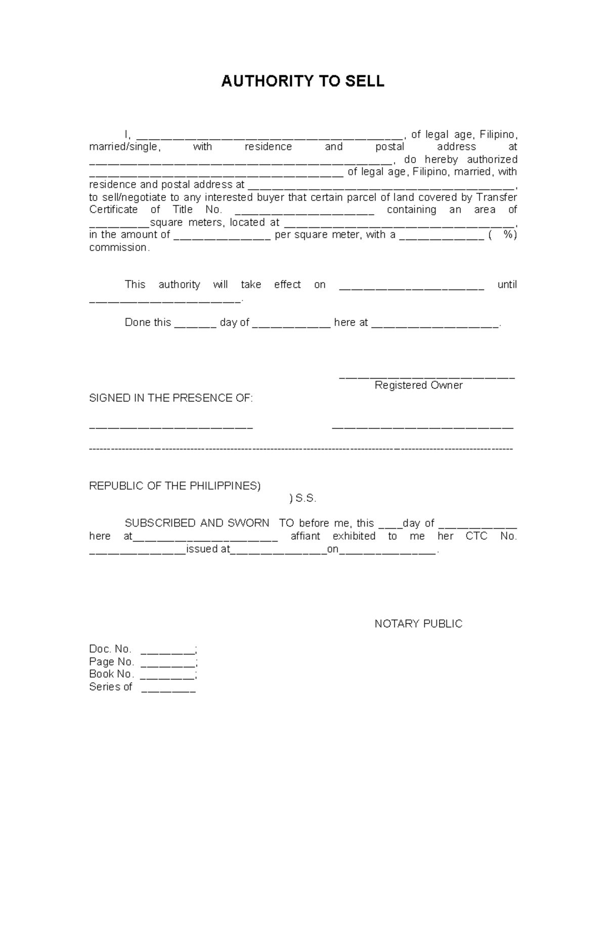 1 Authority TO SELL Format - AUTHORITY TO SELL I ...