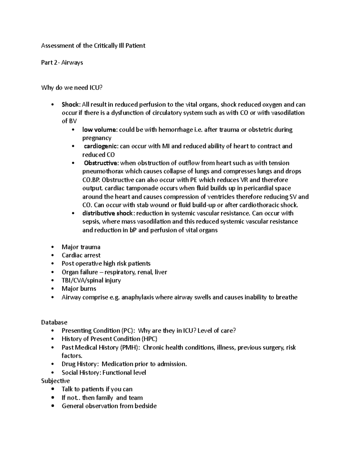 Critical Care Notes- Week 1 - Assessment of the Critically Ill Patient ...