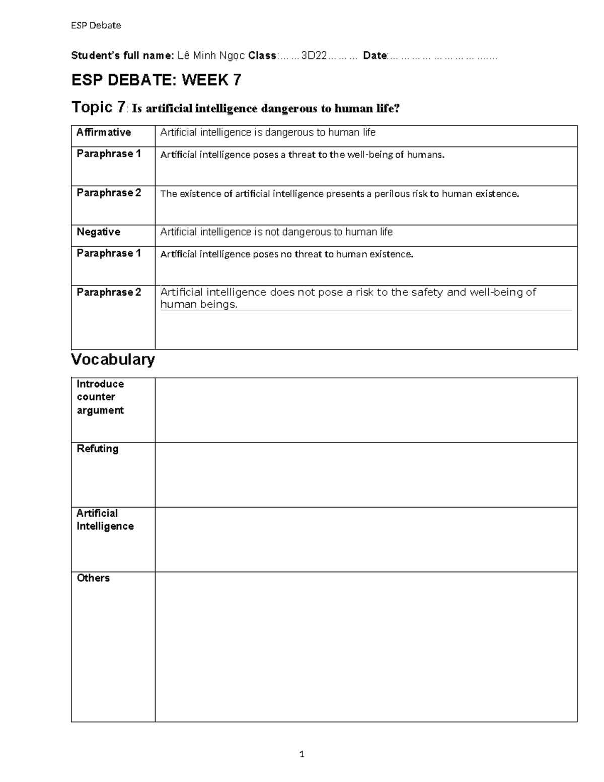 ESP-Debate-Week-7-AI - Student’s full name: Lê Minh Ngọc Class ...