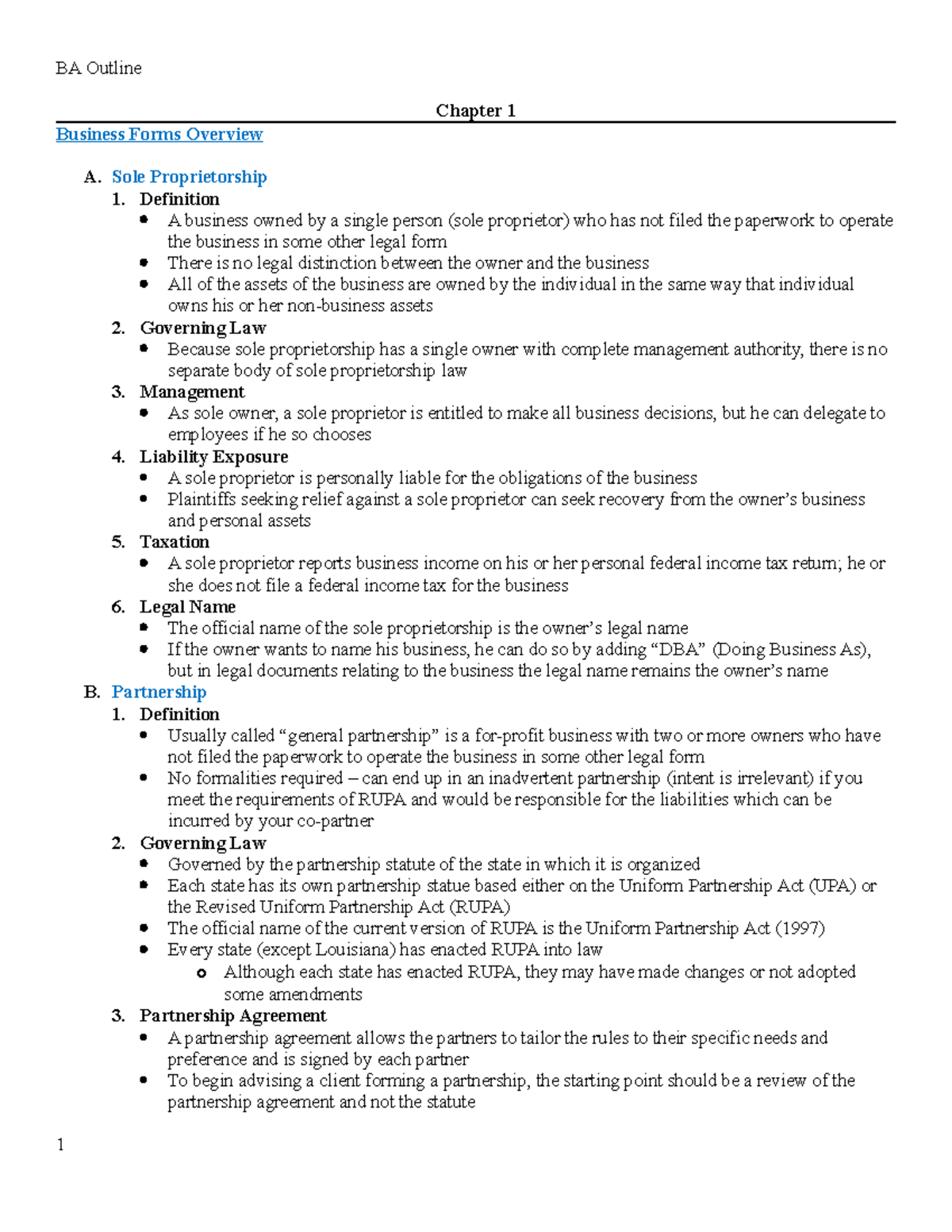 BA Outline Georgiev - BA Outline Chapter 1 Business Forms Overview A ...