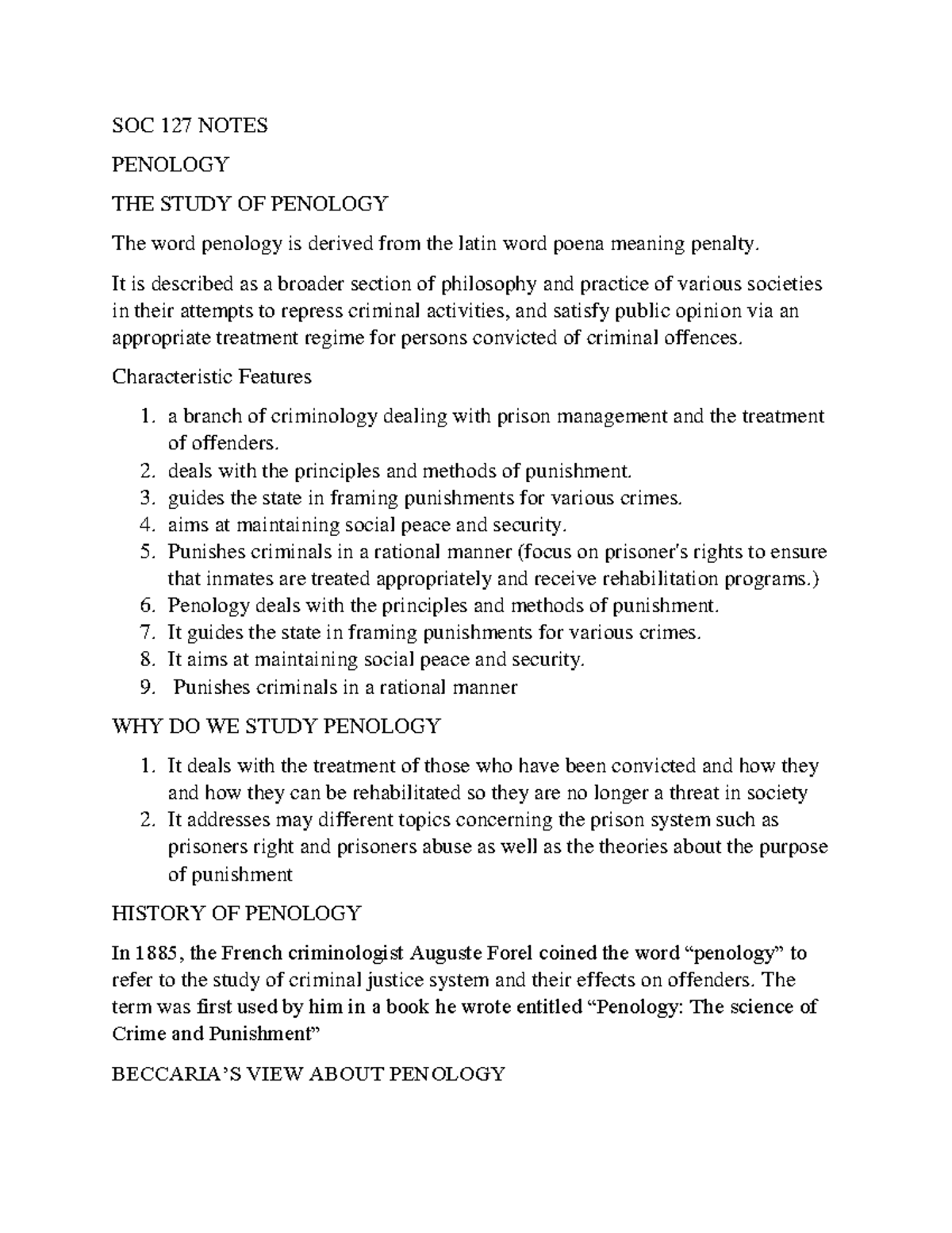 Final SOC 127 Notes - N/A - SOC 127 NOTES PENOLOGY THE STUDY OF ...