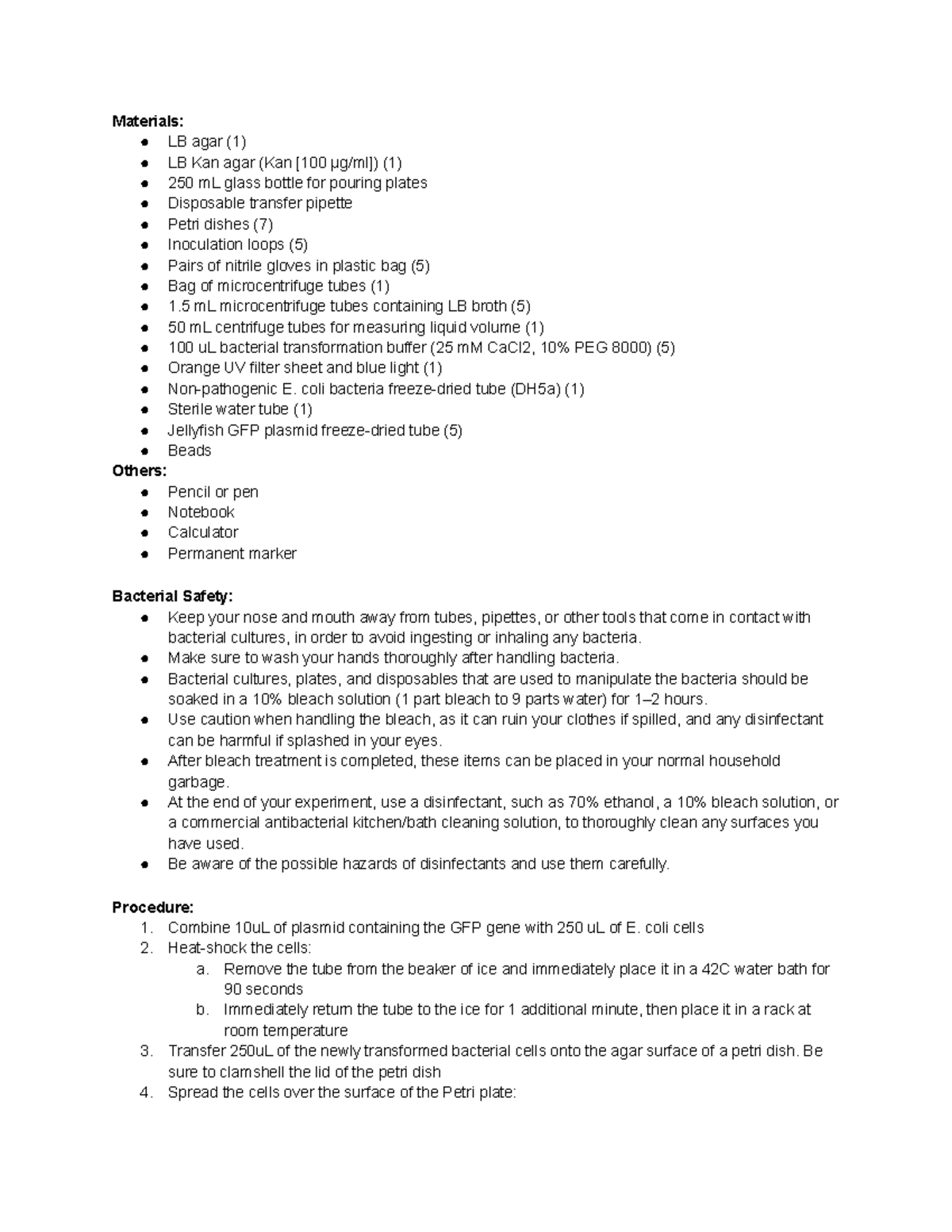 GMO STEM Project - Materials: LB agar (1) LB Kan agar (Kan [100 μg/ml ...