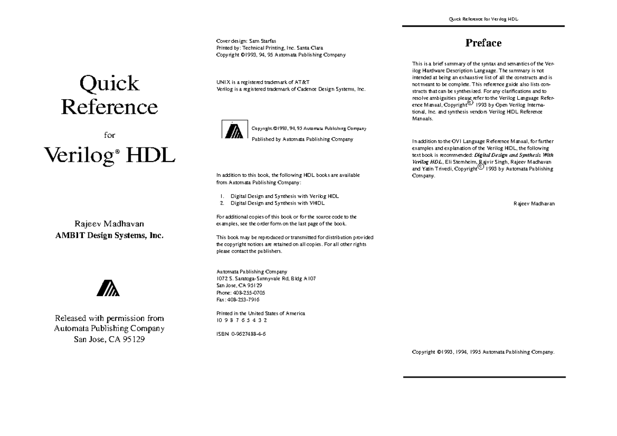 Verilog Quick Ref - QuickReferencefor Verilog HDL Rajeev Madhavan AMBIT Design Systems, Inc ...
