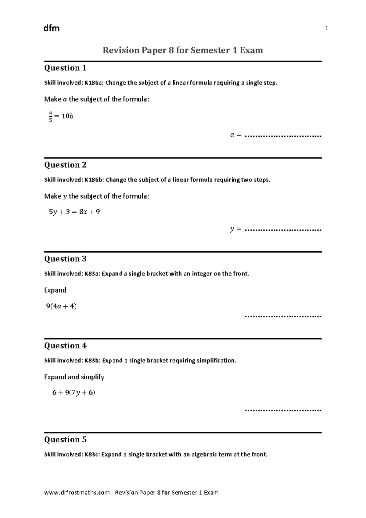 Paper 8 - math - Revision Paper 8 for Semester 1 Exam Question 1 Skill ...
