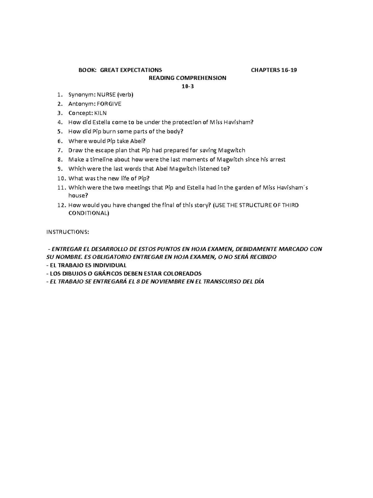 Reading Comprehension Fourth Period- 10-3 - BOOK: GREAT EXPECTATIONS ...