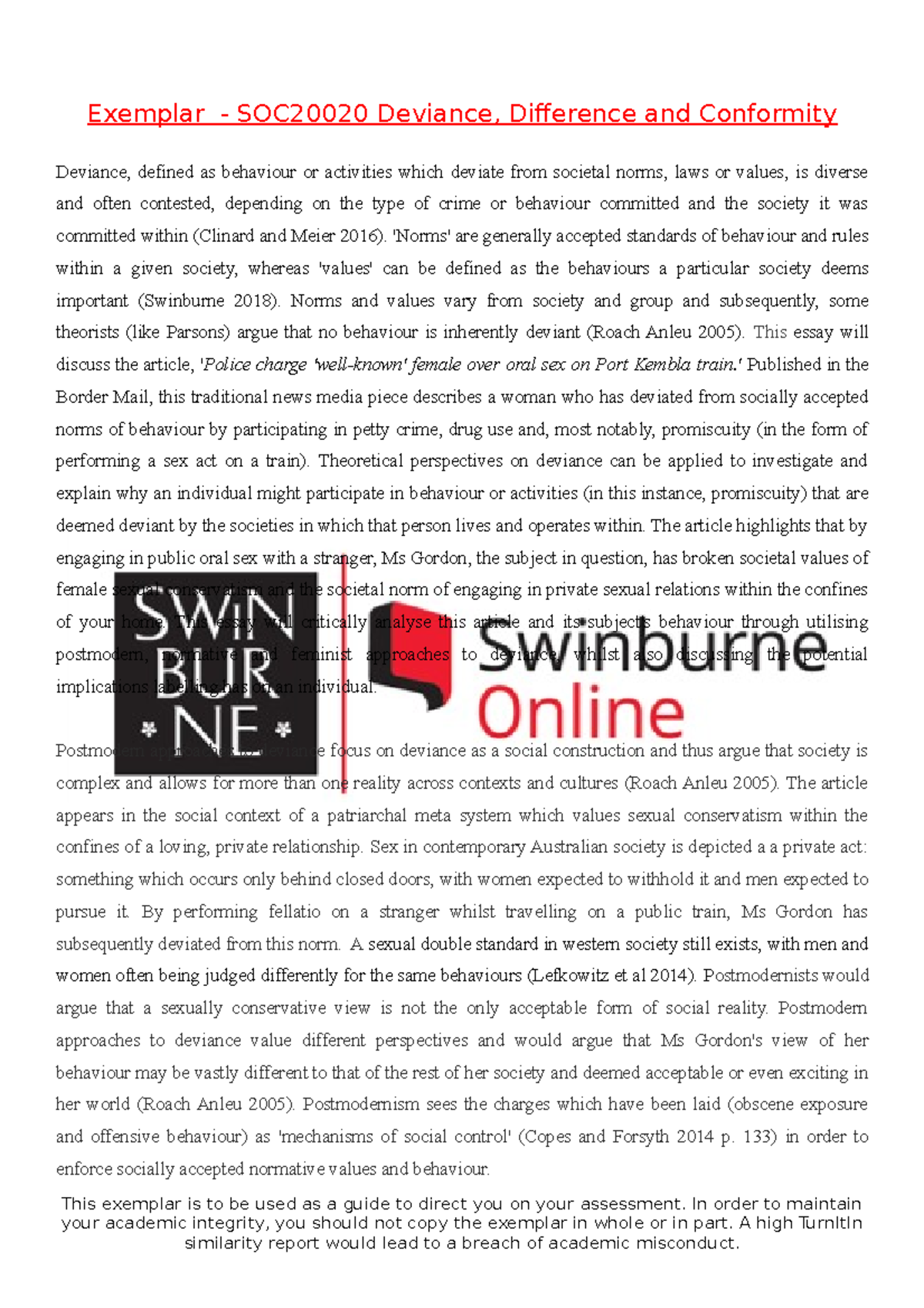 A1 exemplar - EXAMPLE - Deviance, defined as behaviour or activities ...