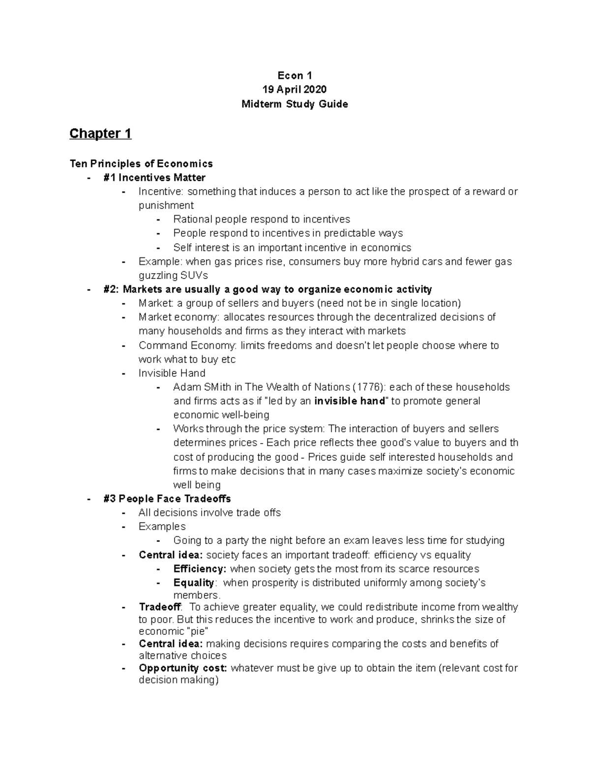 Econ 1 midterm study guide - Econ 1 19 April 2020 Midterm Study Guide ...