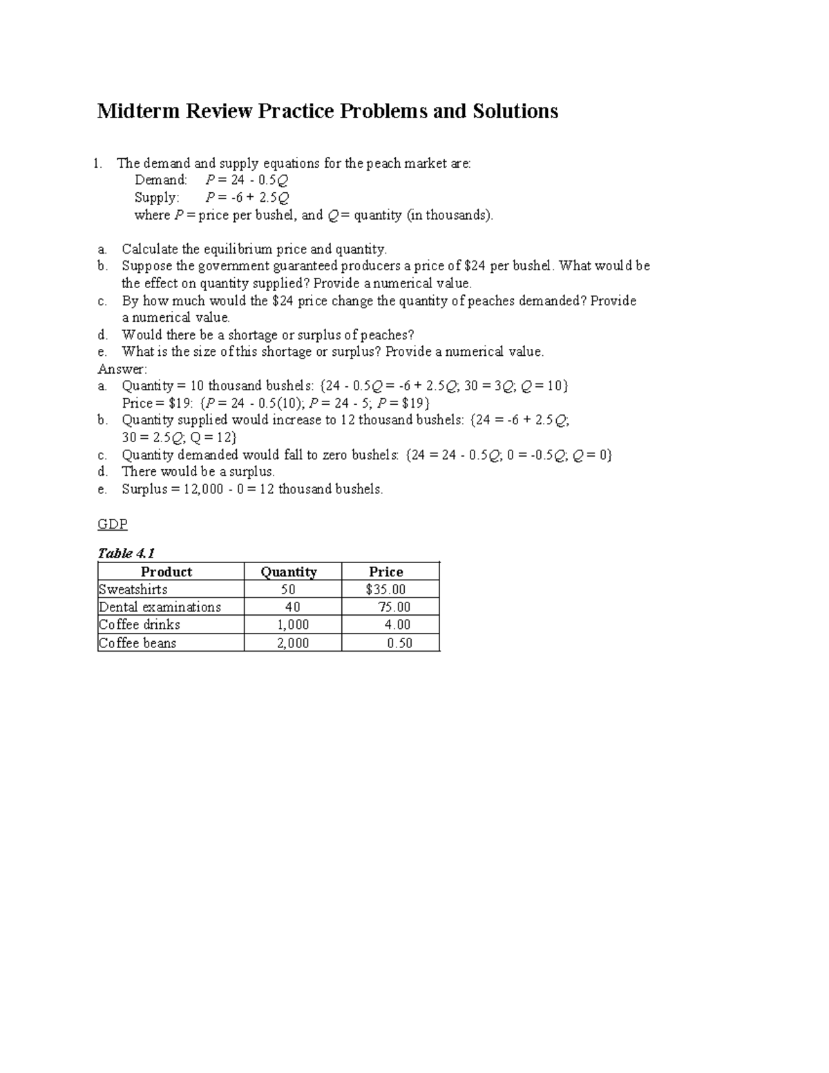 Midterm Review Problems - Midterm Review Practice Problems and Solutions The demand and supply ...