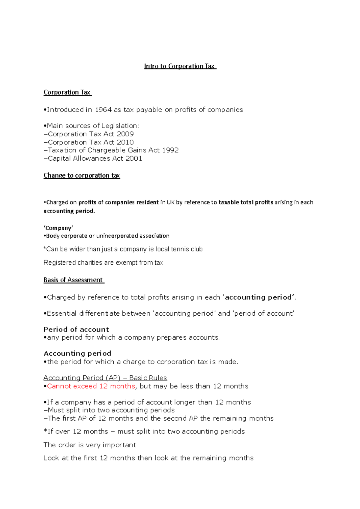 Lecture 7 - Intro to Corporation Tax notes - Intro to Corporation Tax ...