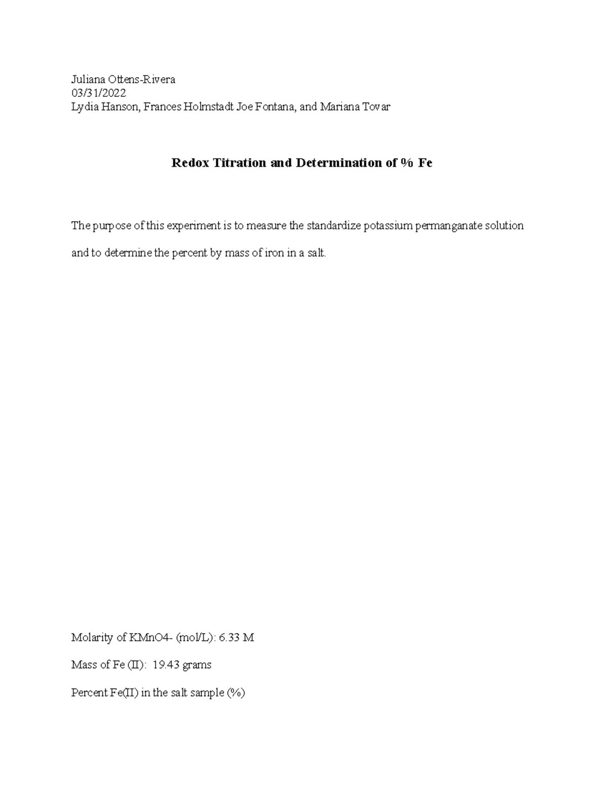 Redox Titration and Determination of % Fe Lab - Juliana Ottens-Rivera ...
