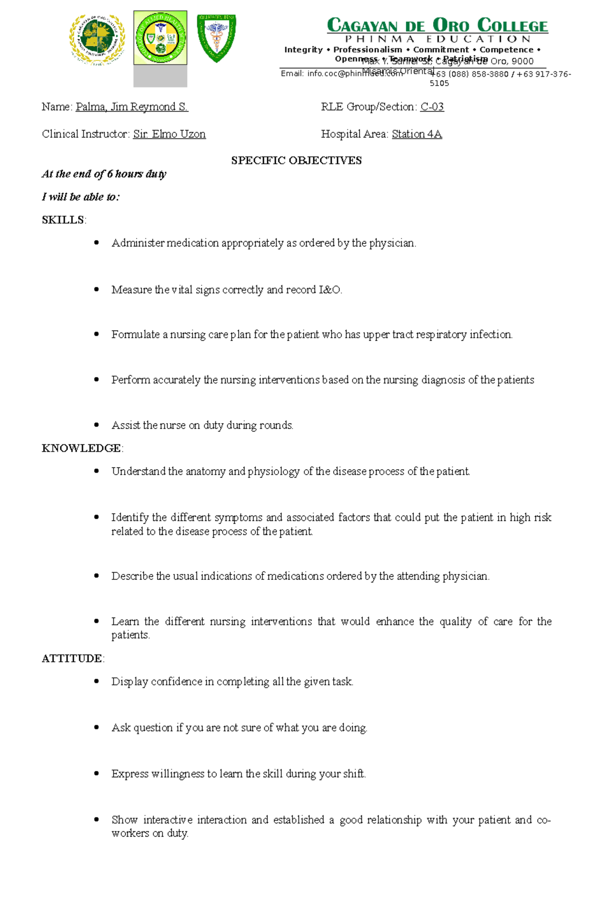 Specific- Objectives-1 - Name: Palma, Jim Reymond S. RLE Group/Section ...