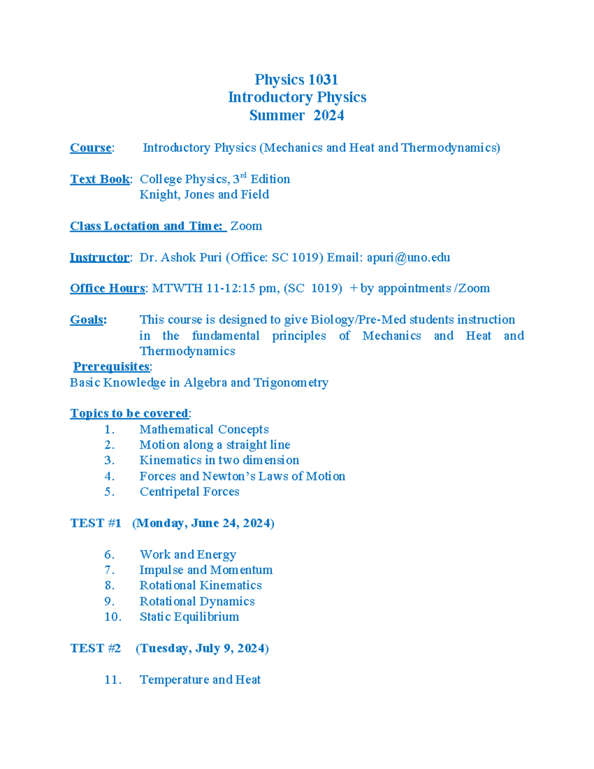 1031 Syllabus Summer 2024 - Physics 1031 Introductory Physics Summer ...