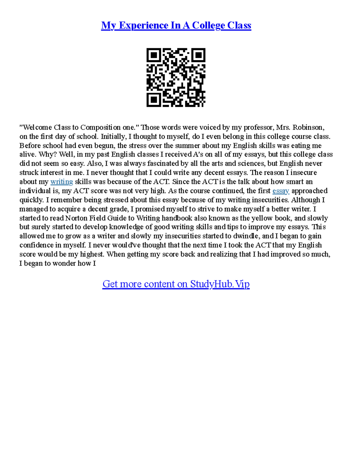 College Level Essay - My Experience In A College Class "Welcome Class ...