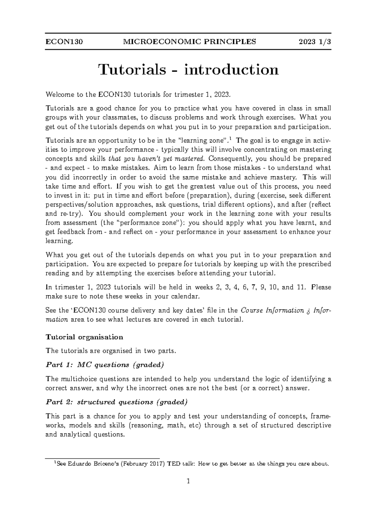 Tutorial Excecirses 1-4 - ECON130 MICROECONOMIC PRINCIPLES 2023 1/ Tutorials - introduction ...