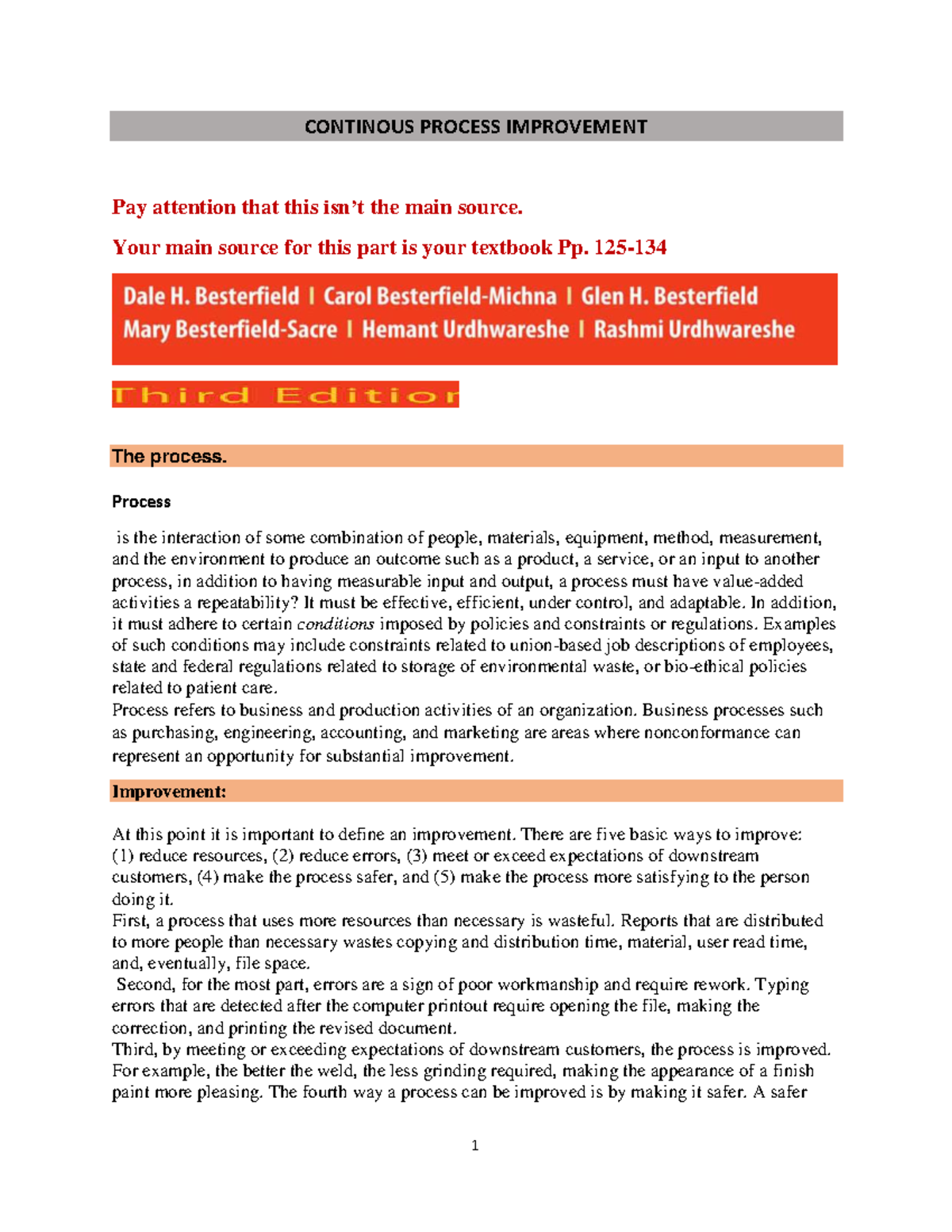 Continous Process Improvement (1-2) - CONTINOUS PROCESS IMPROVEMENT Pay attention that this isn ...