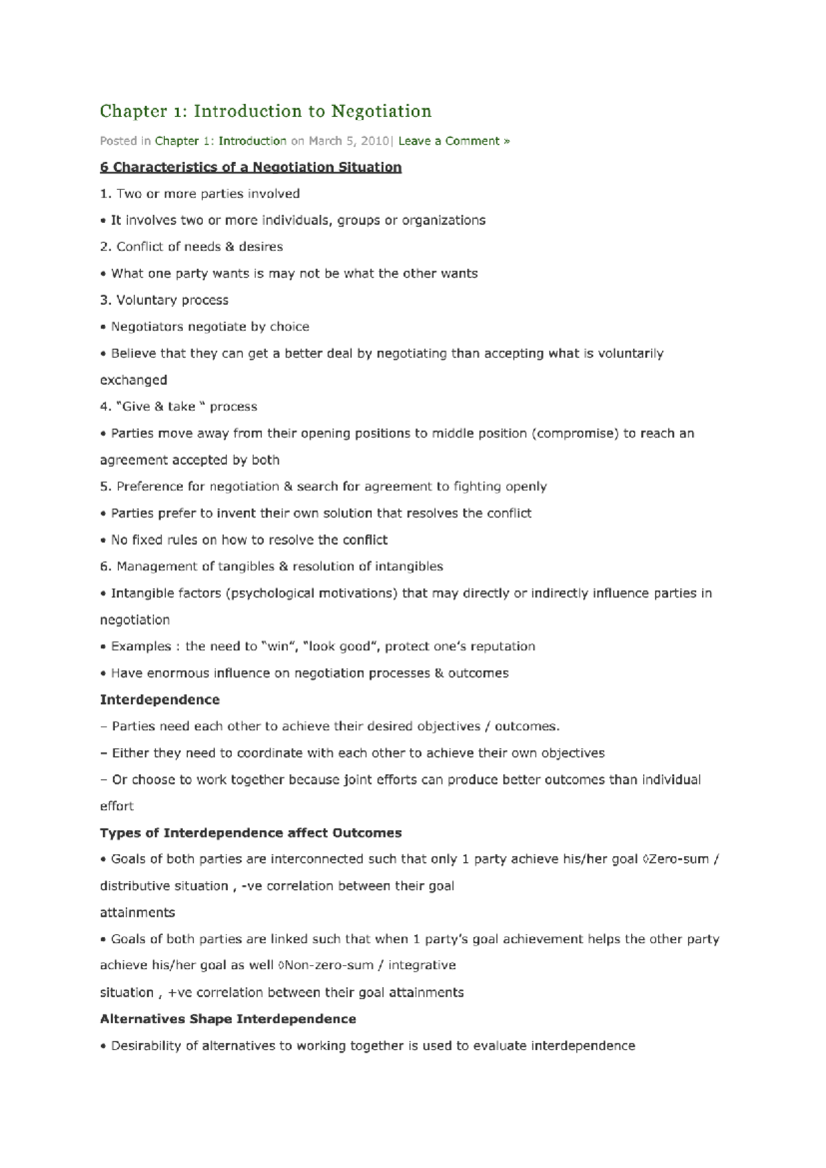 Negotiation Summary - Chapter 1: Introduction to Negotiation Posted in Chapter 1: Introduction ...