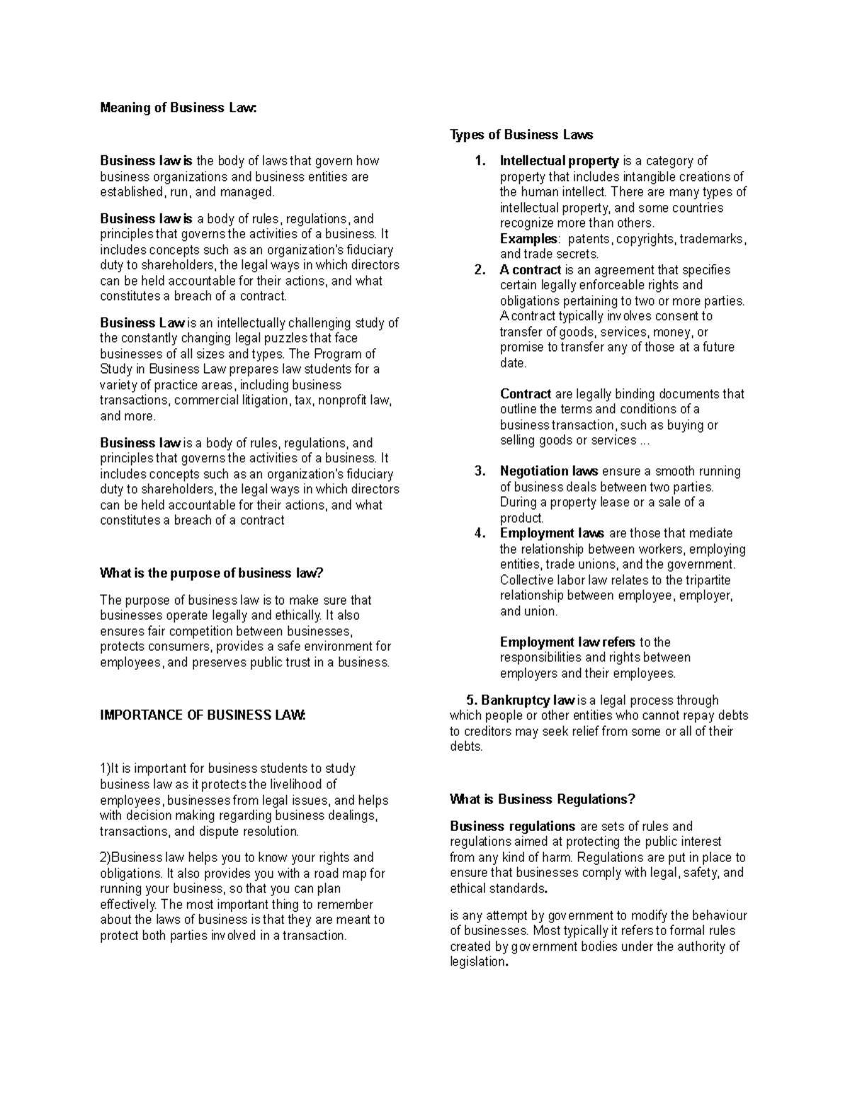 LAW 1 - addtional infos - Meaning of Business Law: Business law is the ...