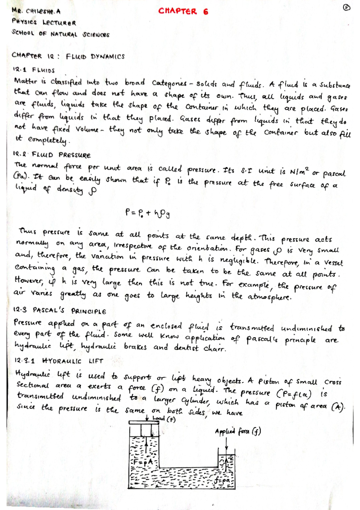 Chapter 6 - Fluid Motion (PHY 1420) - Natural Sciences (Physics) NS 1.1 ...