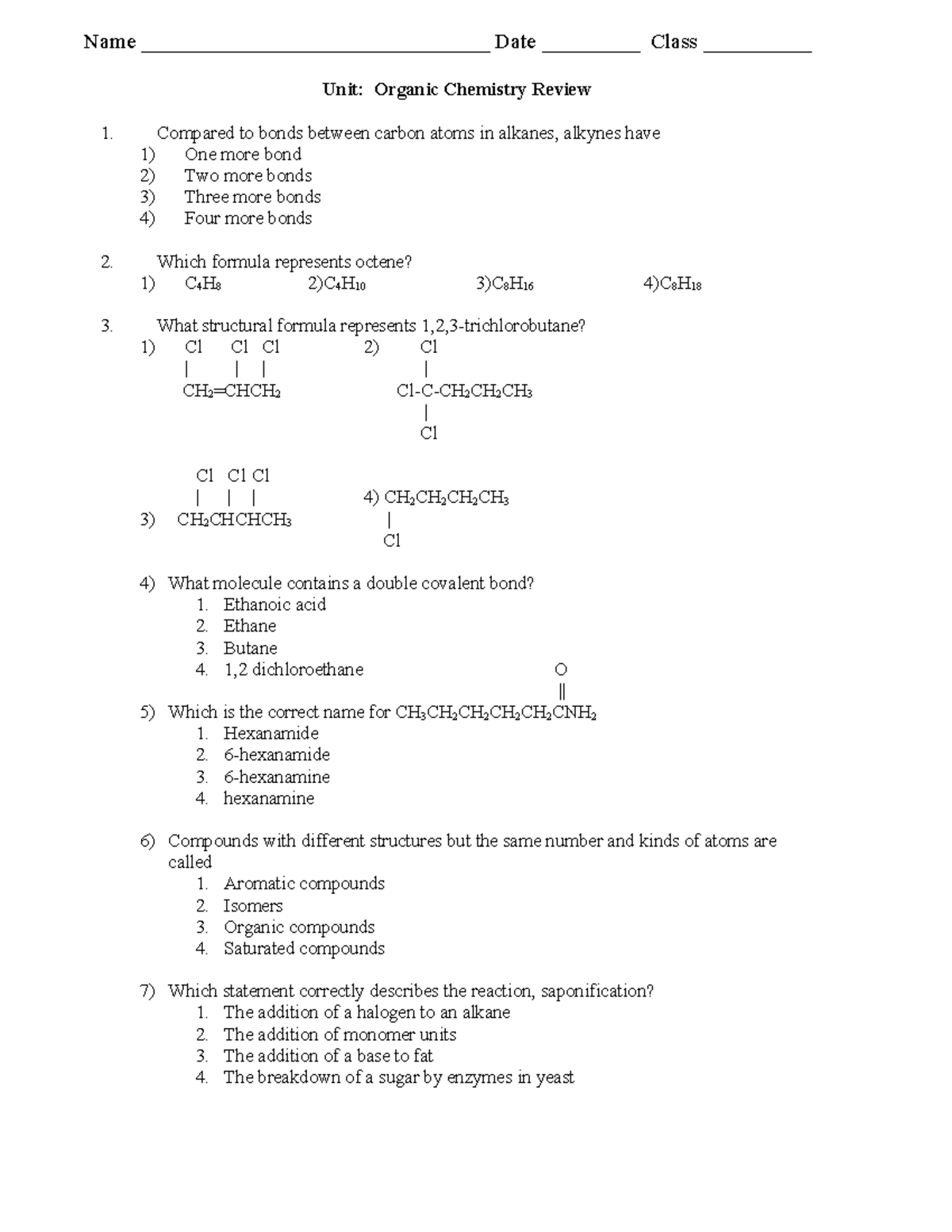 Organic chem review - Name ________________________________ Date ...