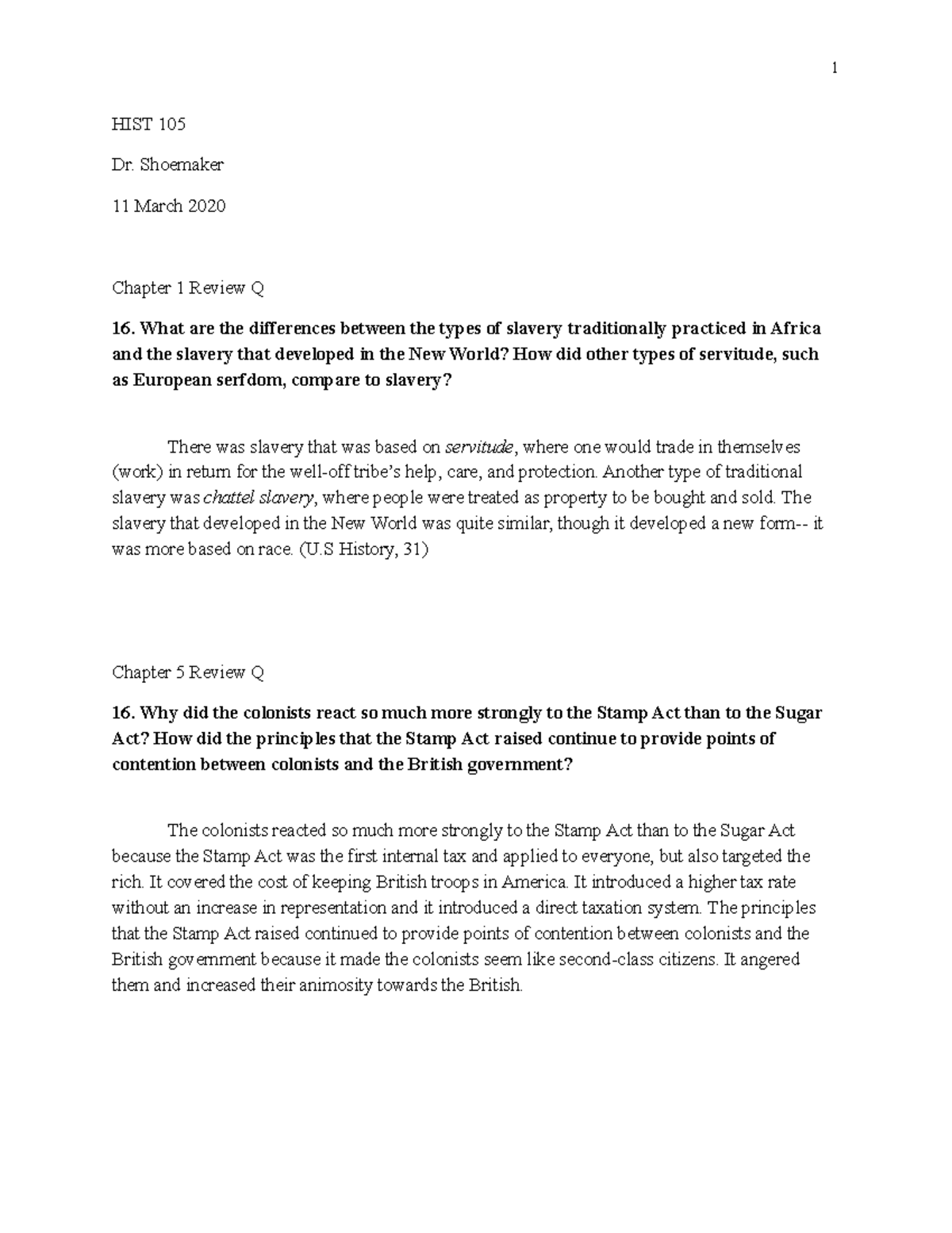 HIST105- Review Questions - HIST 105 Dr. Shoemaker 11 March 2020 ...
