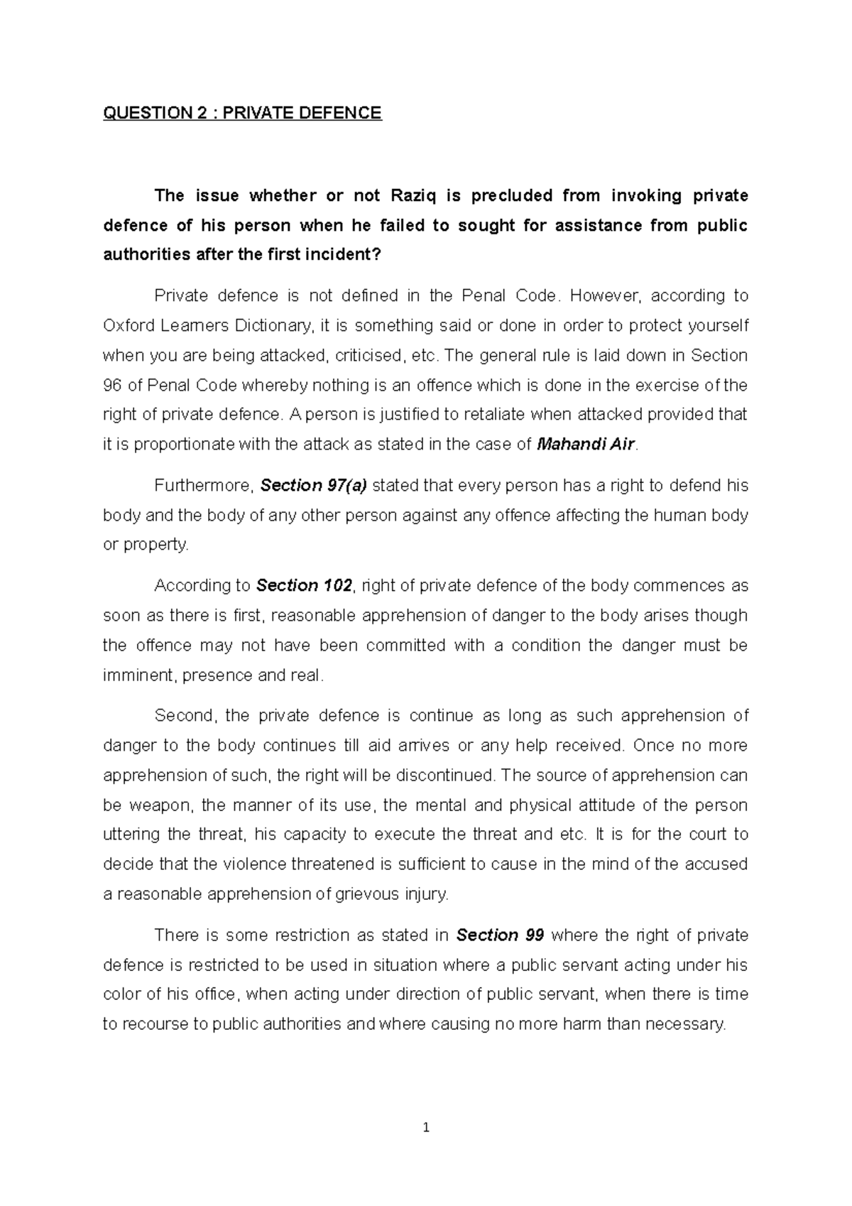 EXAM PAST YEAR : TOPIC PRIVATE DEFENSE - QUESTION 2 : PRIVATE DEFENCE ...