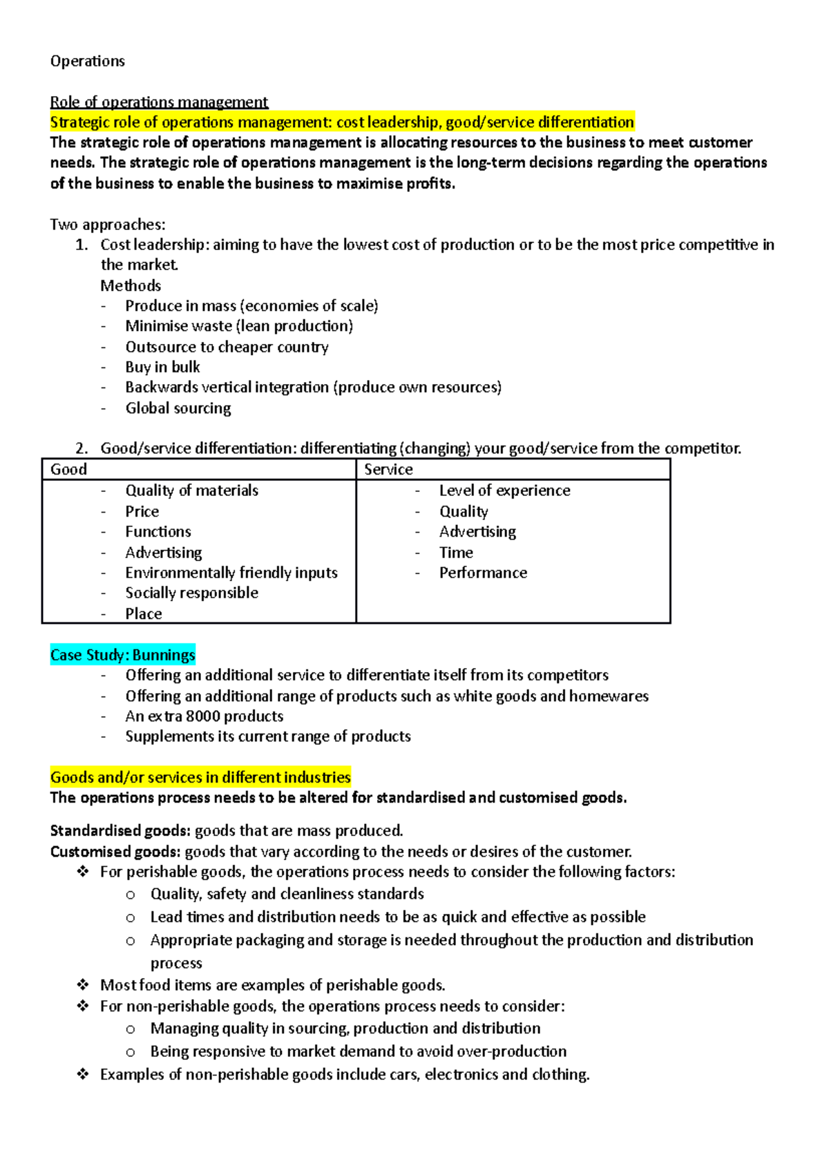 Operations summary - Operations Role of operations management Strategic ...