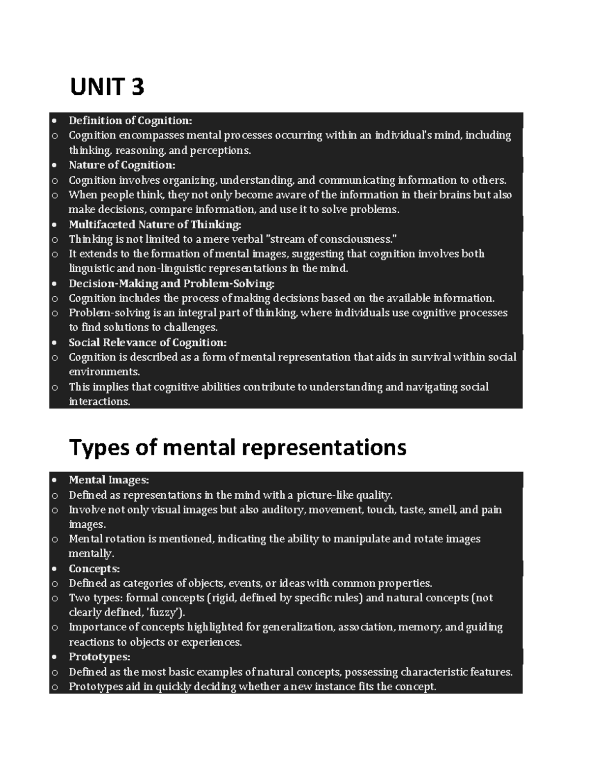 UNIT 3 - Summary basic psychology - UNIT 3 Definition of Cognition: o Cognition encompasses ...