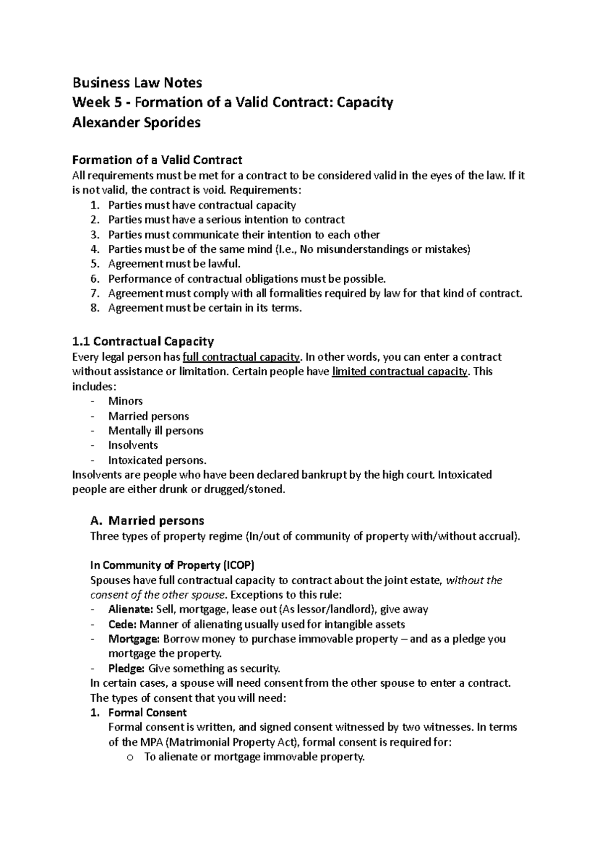 5. Formation of a Valid Contract (Capacity) - Business Law Notes Week 5 ...