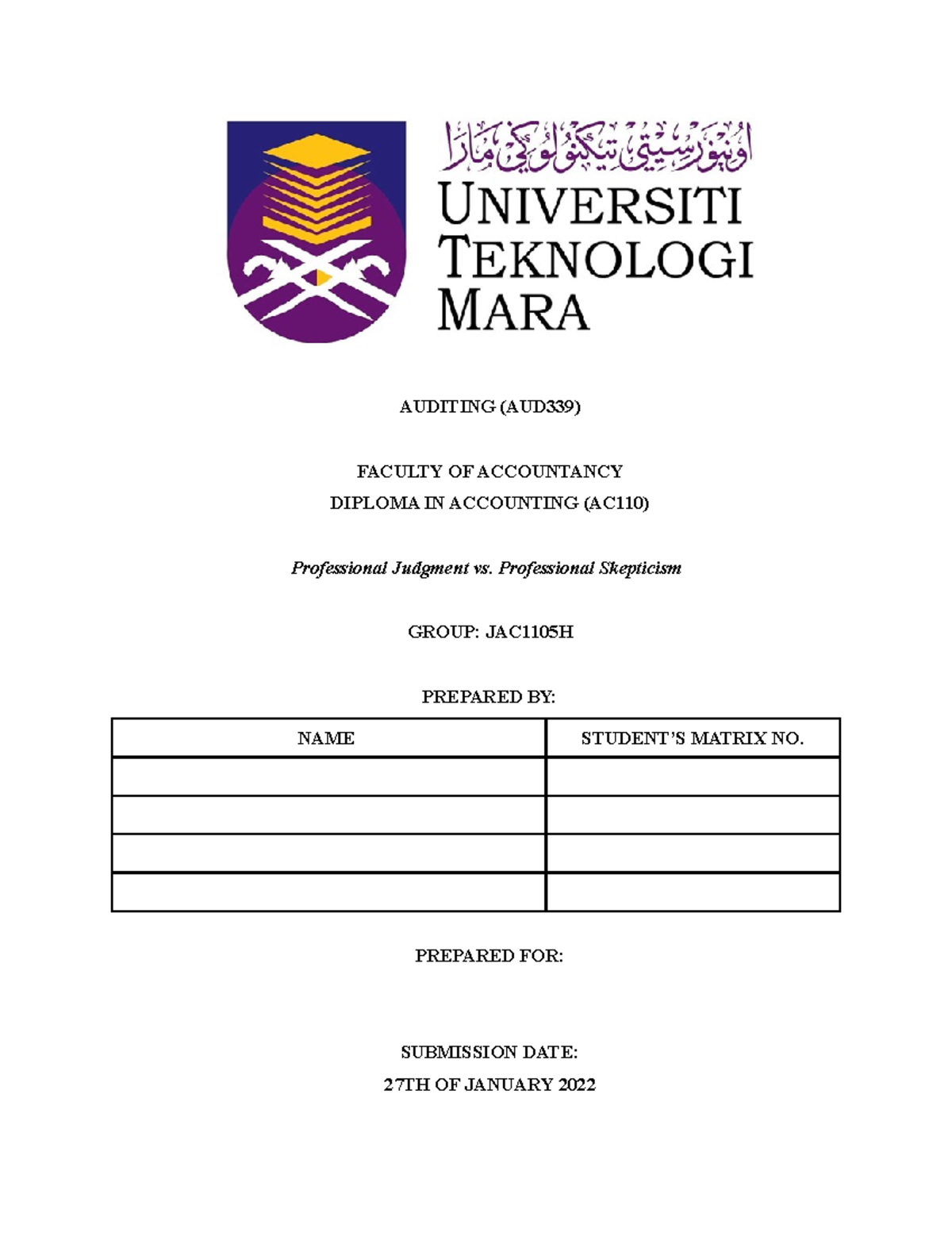 Assignment AUD - Professional Judgement vs. Professional Skepticism ...