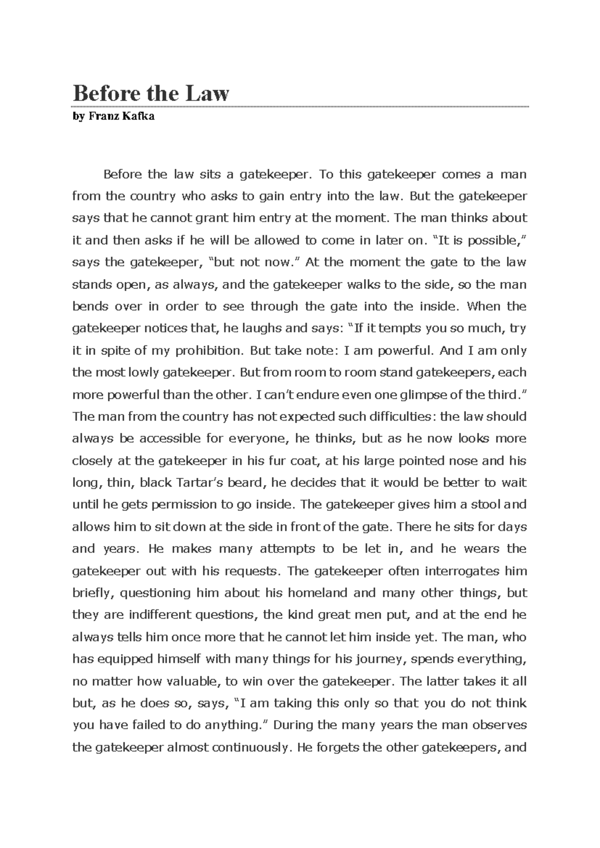 Befor the Law Franz Kafka - Before the Law by Franz Kafka Before the ...