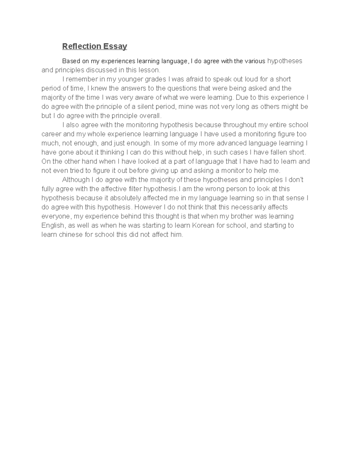 Reflection Essay - Reflection Essay Based on my experiences learning ...