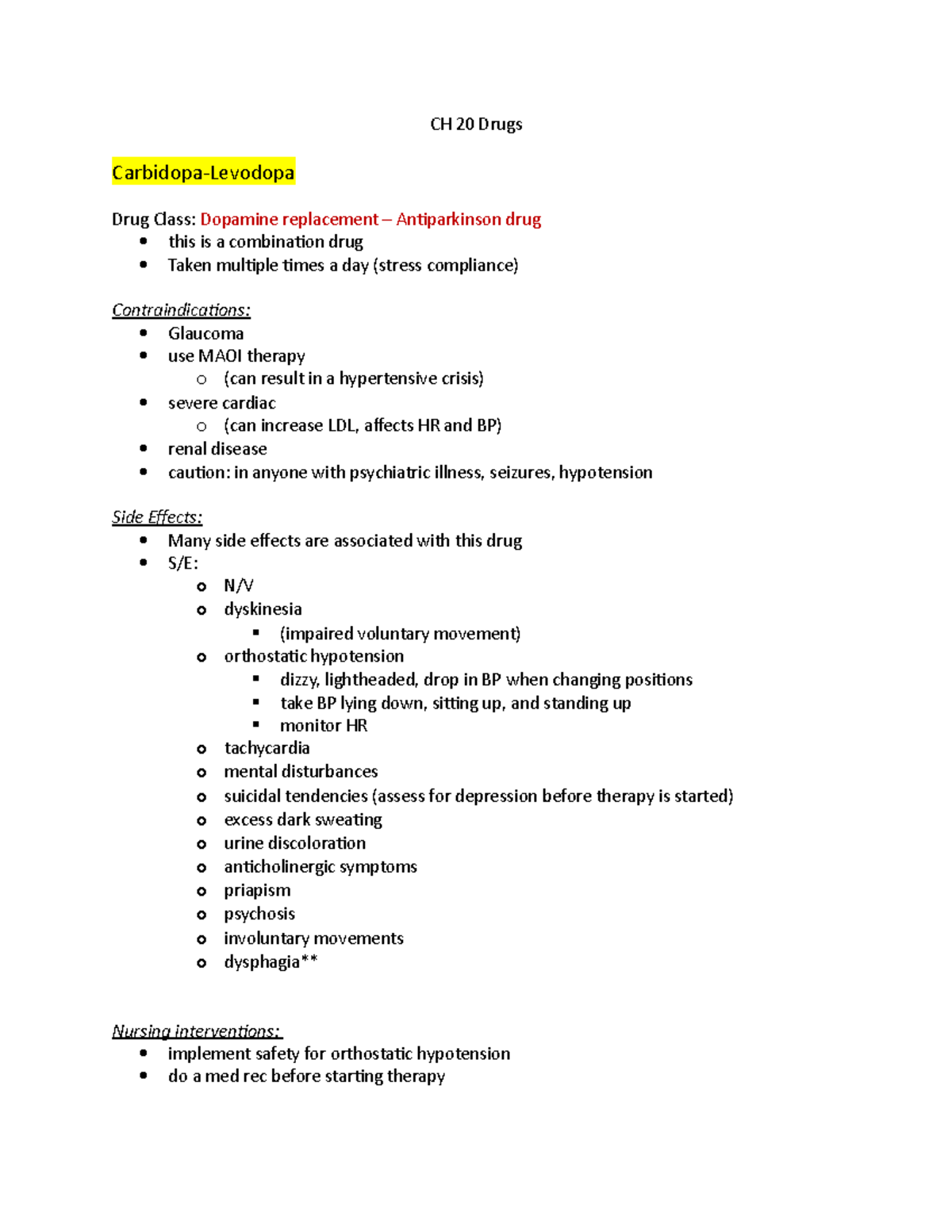 CH 20 Drugs - pharm 2 ch 20 - CH 20 Drugs Carbidopa-Levodopa Drug Class ...