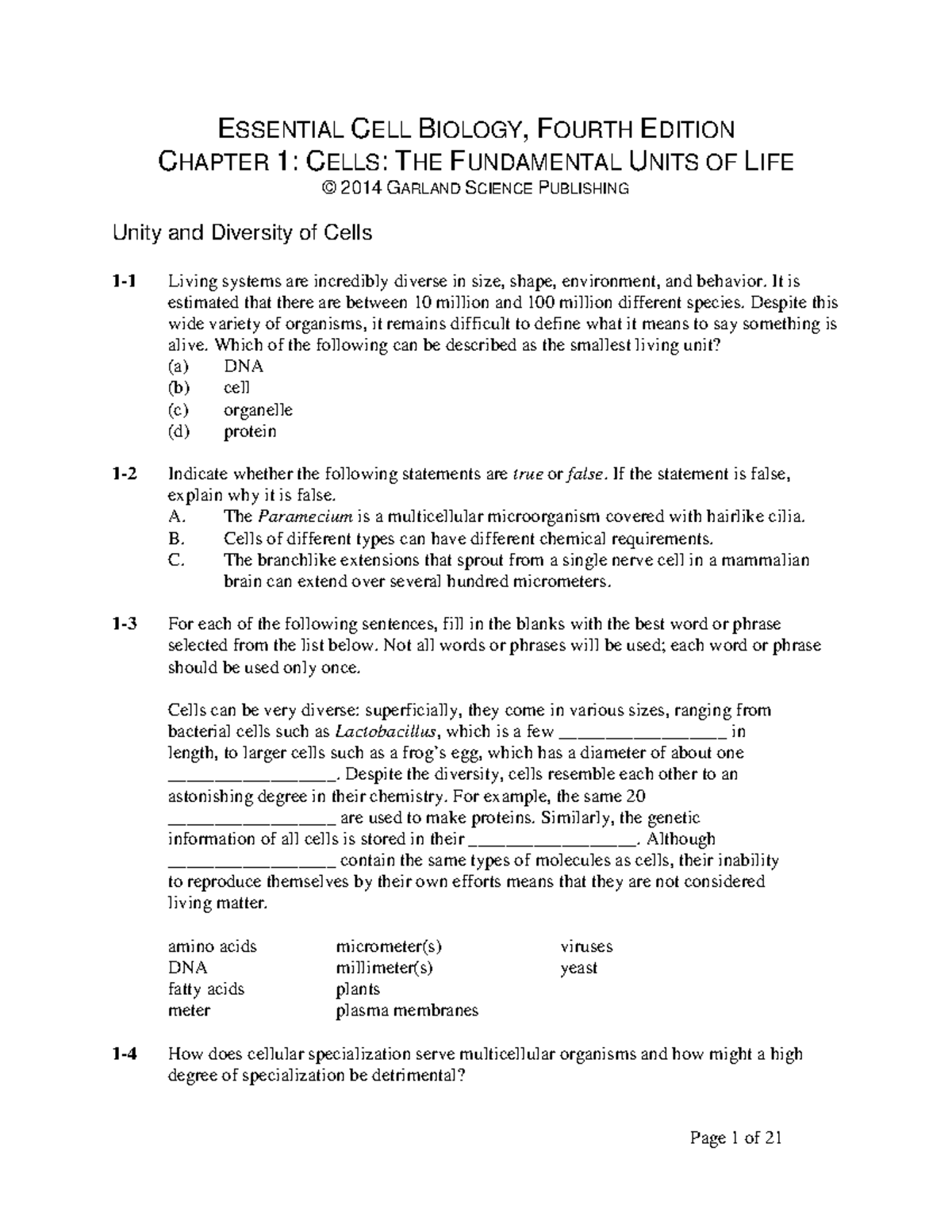 ECB4 Question Bank Ch01 - ESSENTIAL CELL BIOLOGY, F OURTH EDITION ...