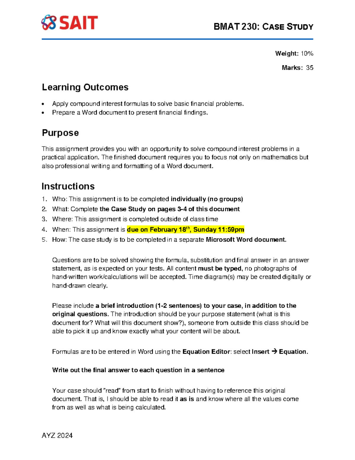BMAT 230 Case Study Wi2024 - BMAT 230 : CASE STUDY AYZ 2024 Weight: 10% ...