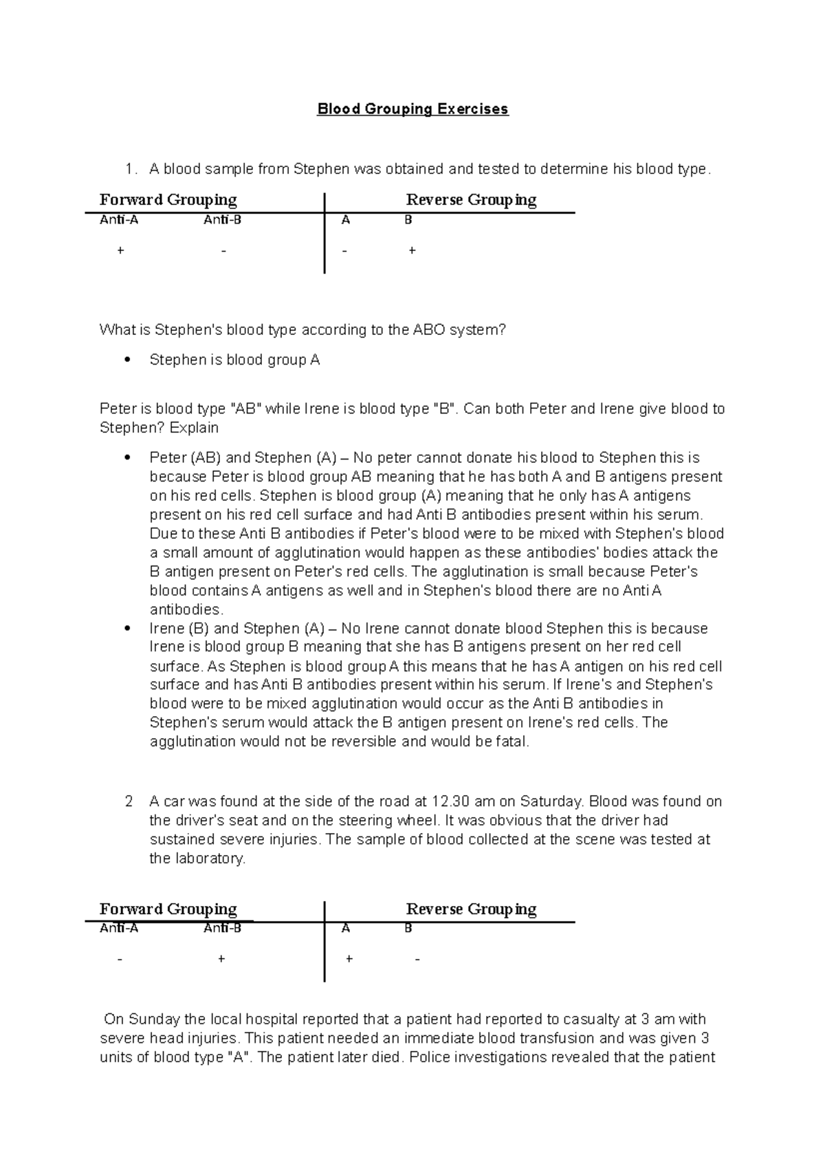 Blood Grouping tutorial - Blood Grouping Exercises A blood sample from ...
