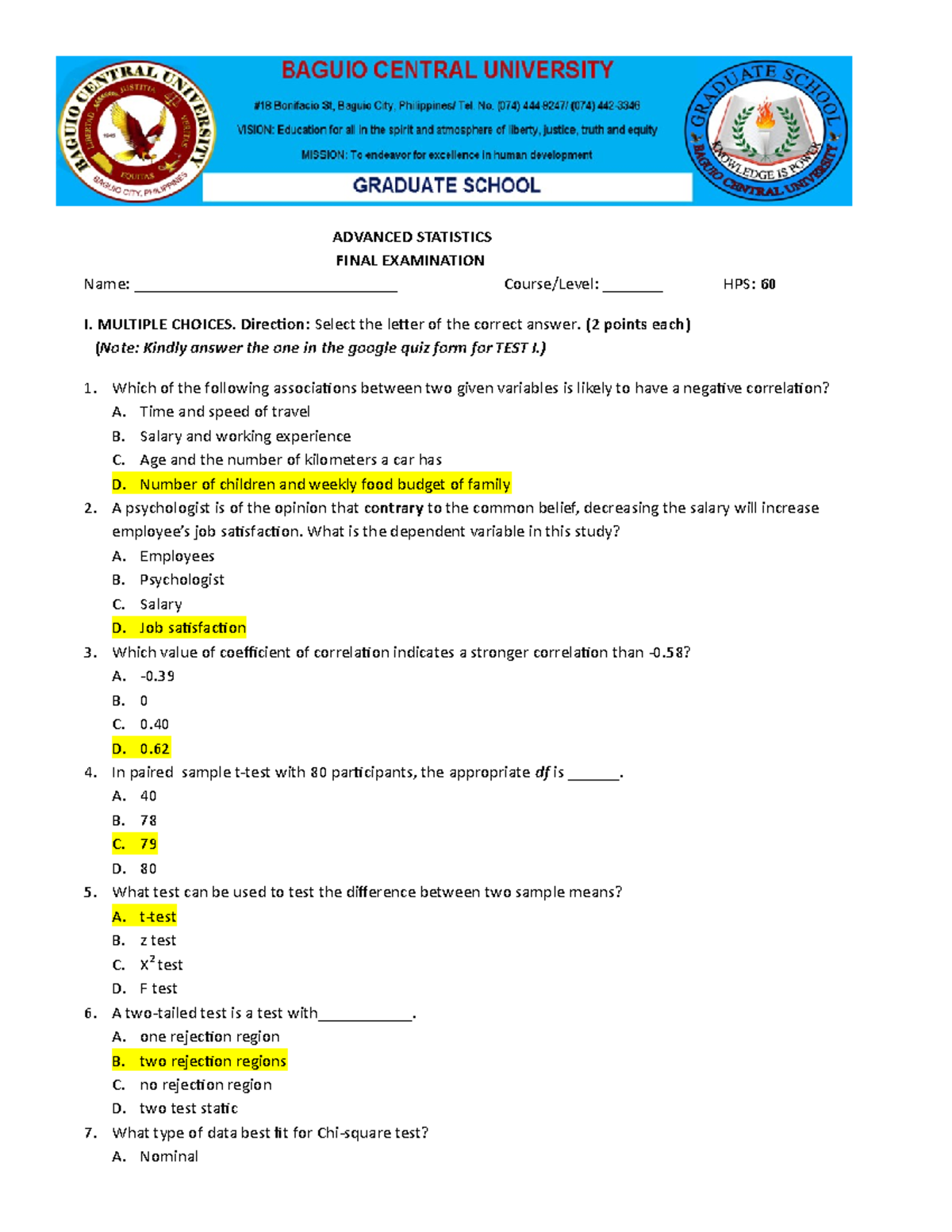 Advanced-Statistics- Final Examination answers - ADVANCED STATISTICS ...
