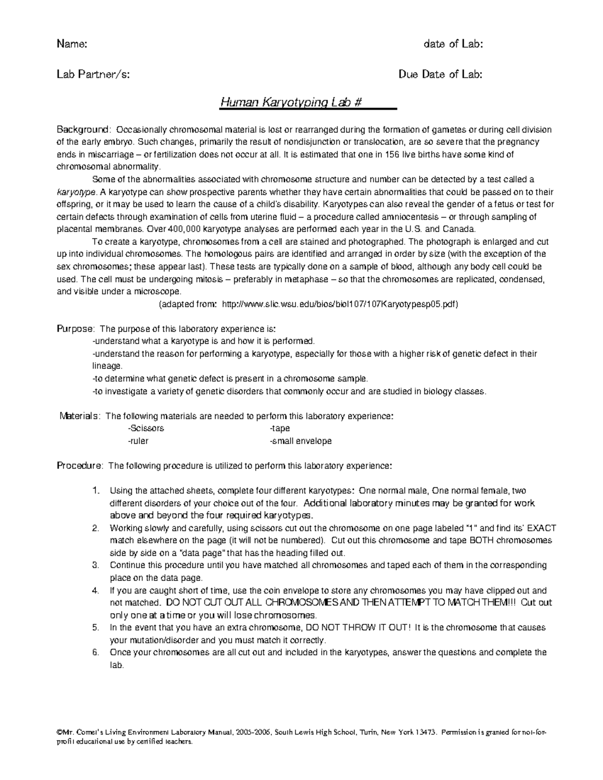 Exercise 2 Part 2 - Karyotyping - Lab Partner/s: Due Date of Lab: ©Mr. Comet’s Living ...