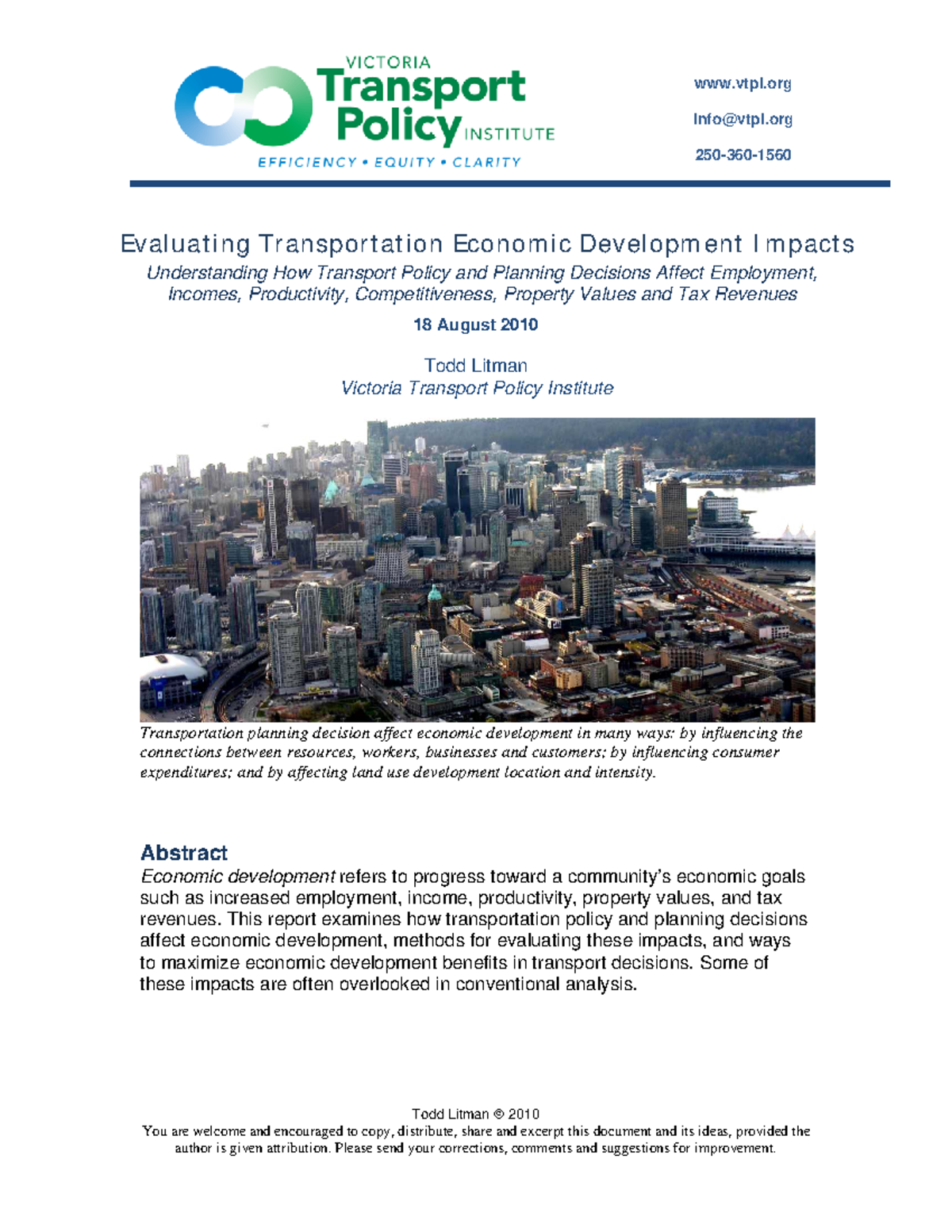 2022 Evaluating Transportation Economic Development - vtpi Info@vtpi 250-360- Todd Litman © 2010 ...