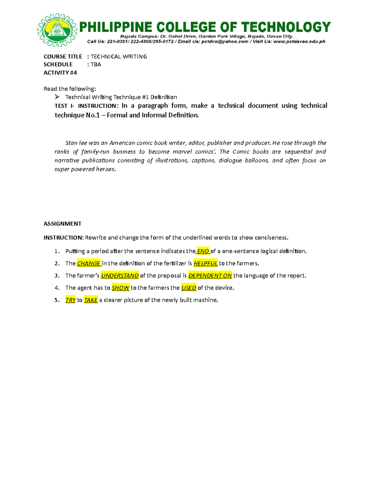 ELT 9 Technical Writing Activity 4 - COURSE TITLE : TECHNICAL WRITING ...