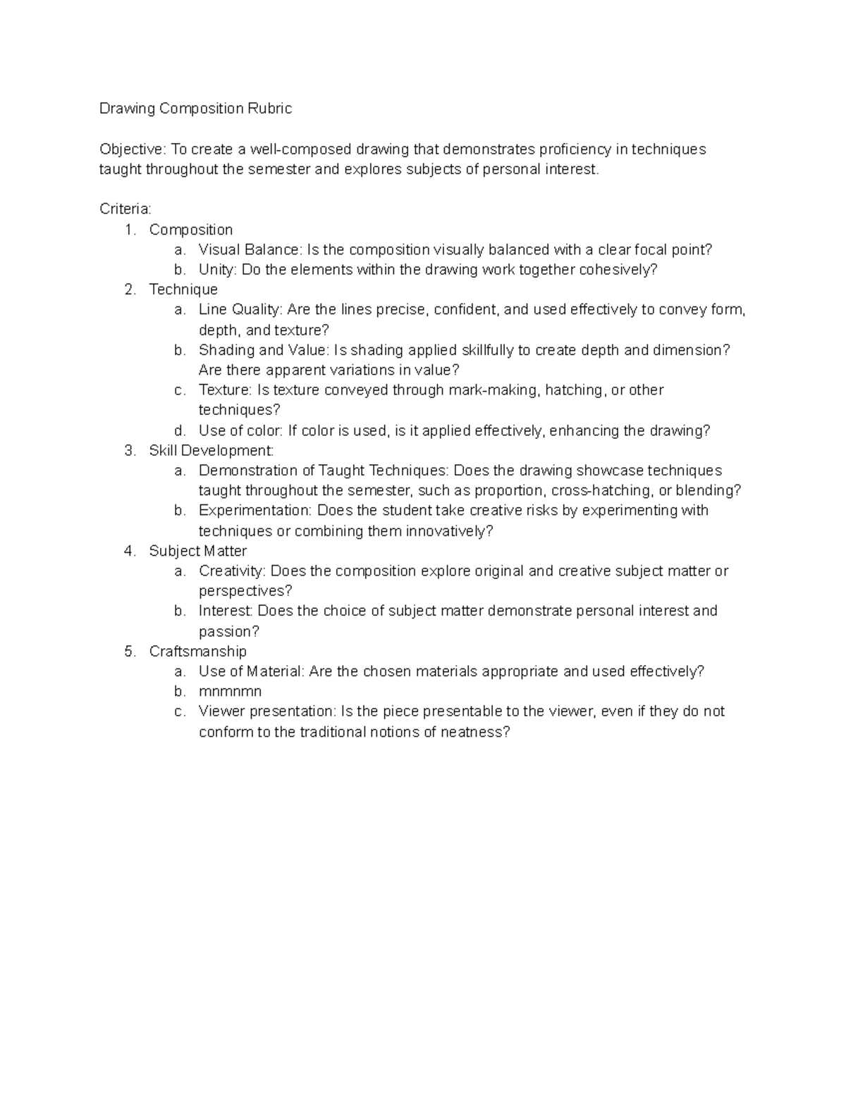 Final Project Rubric - Drawing Composition Rubric Objective: To create ...