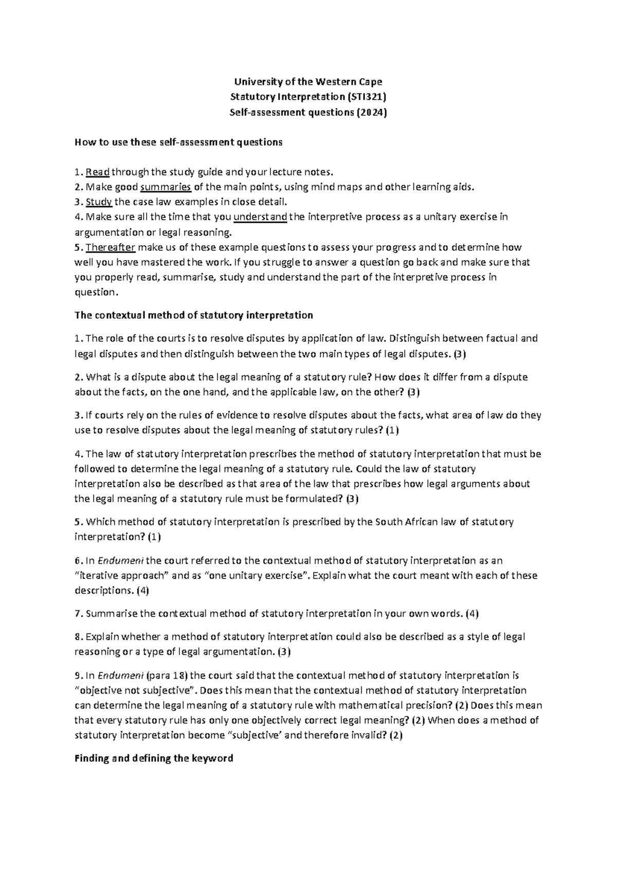 Self assessment question for examination preparation - University of ...
