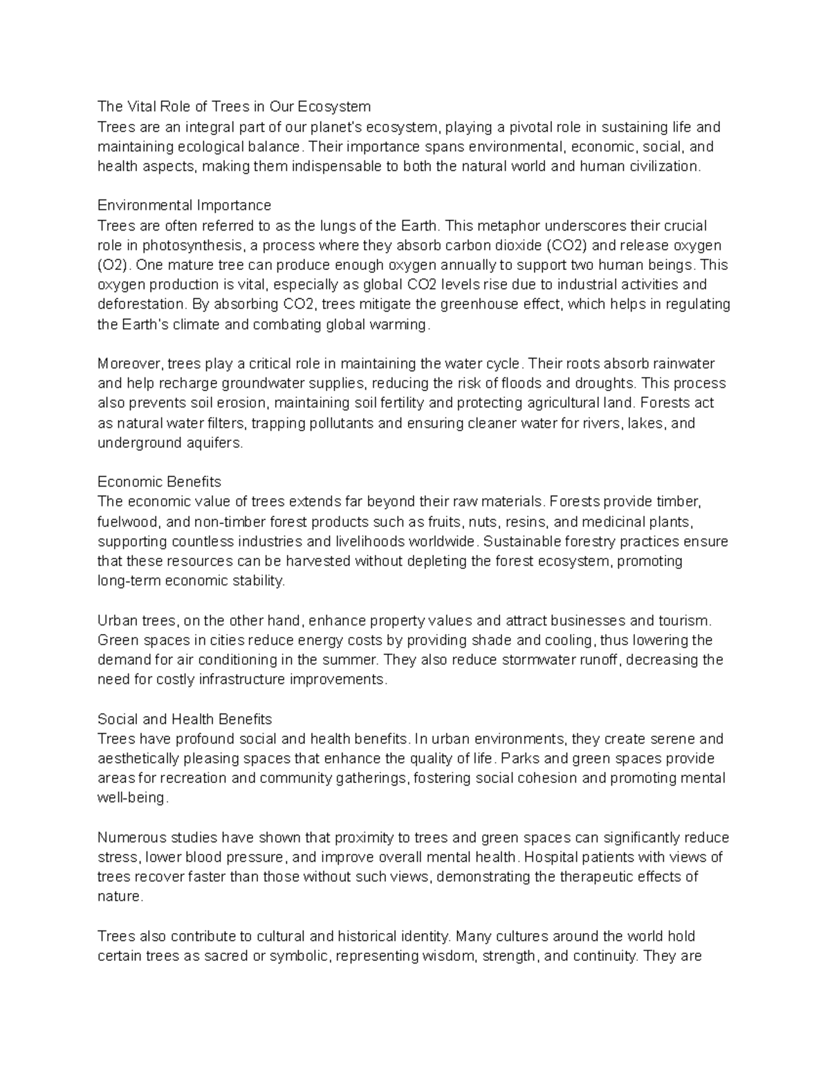 1111111111 - essay - The Vital Role of Trees in Our Ecosystem Trees are ...