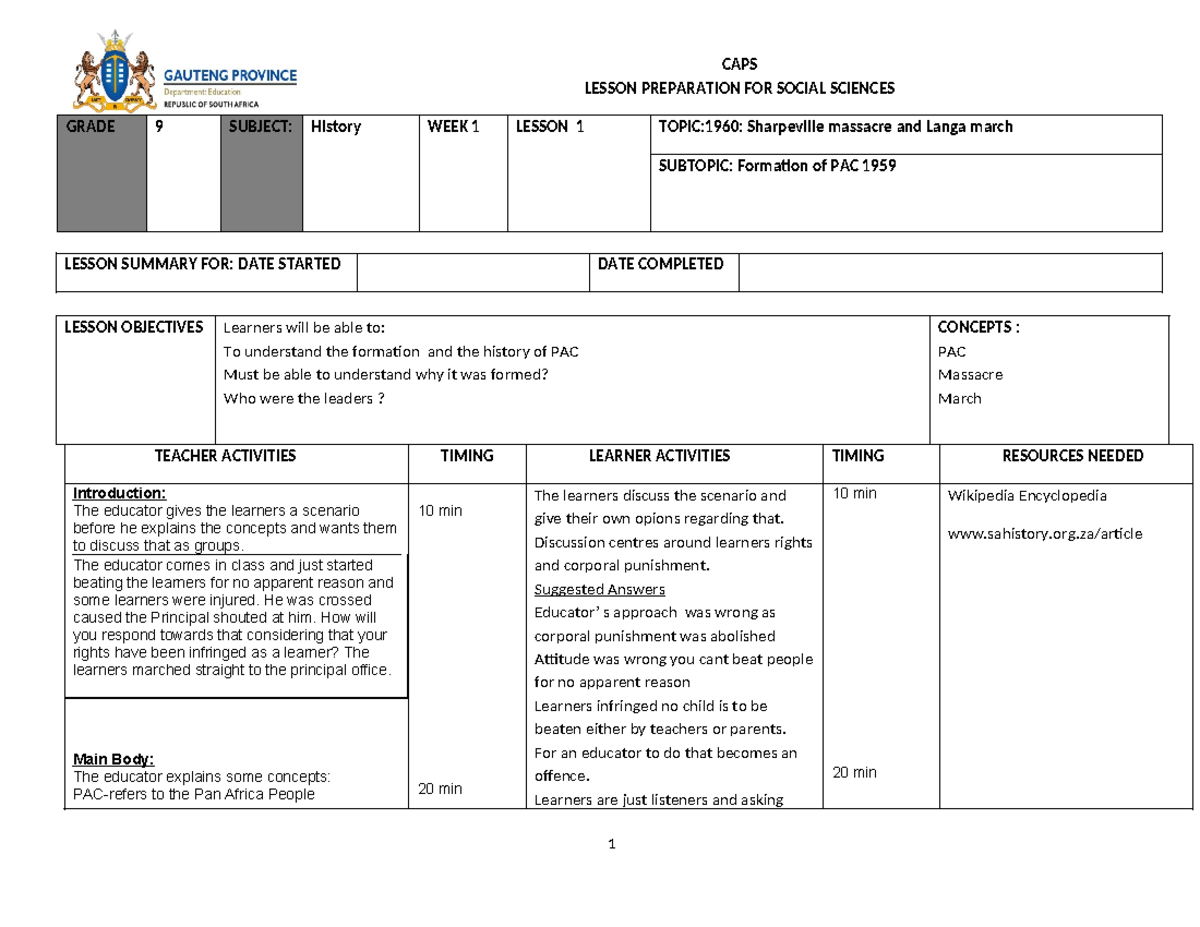 History-lesson-1 - CAPS LESSON PREPARATION FOR SOCIAL SCIENCES GRADE 9 ...
