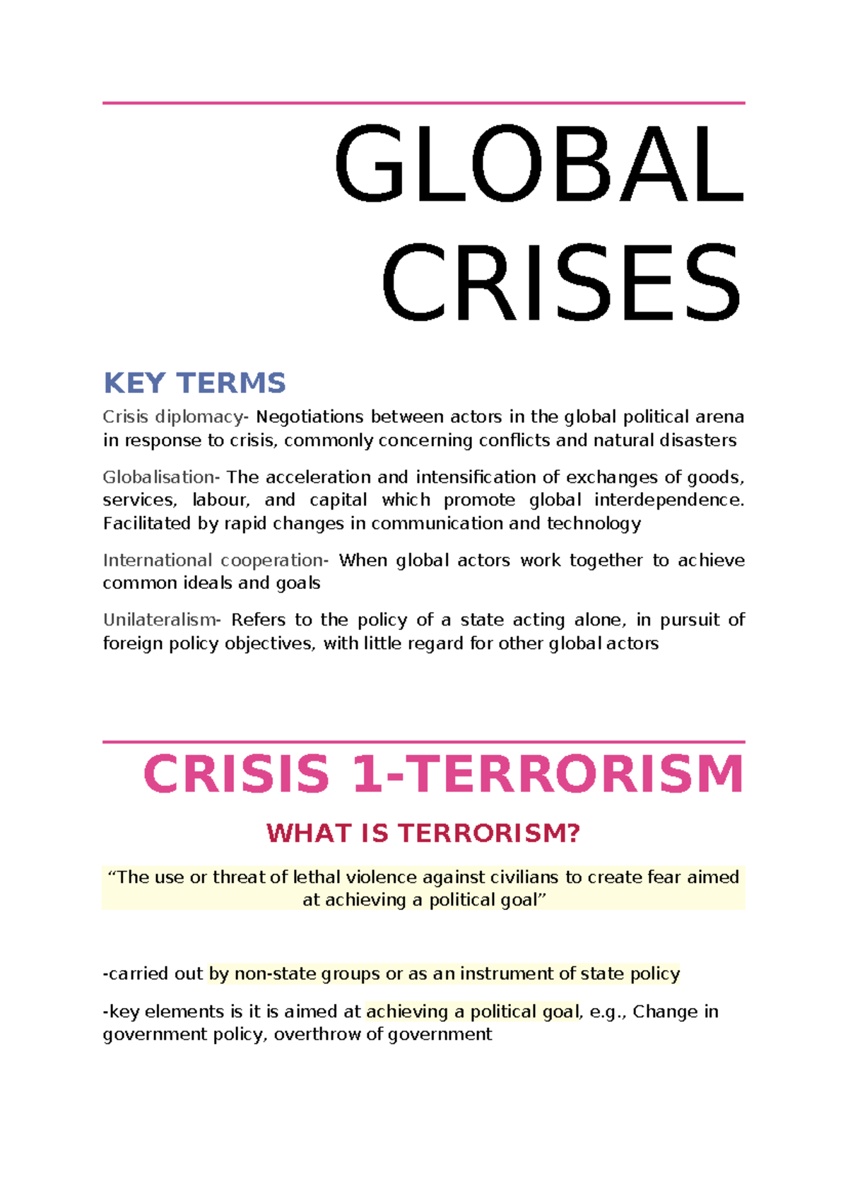 Global crises notes - GLOBAL CRISES KEY TERMS Crisis diplomacy ...
