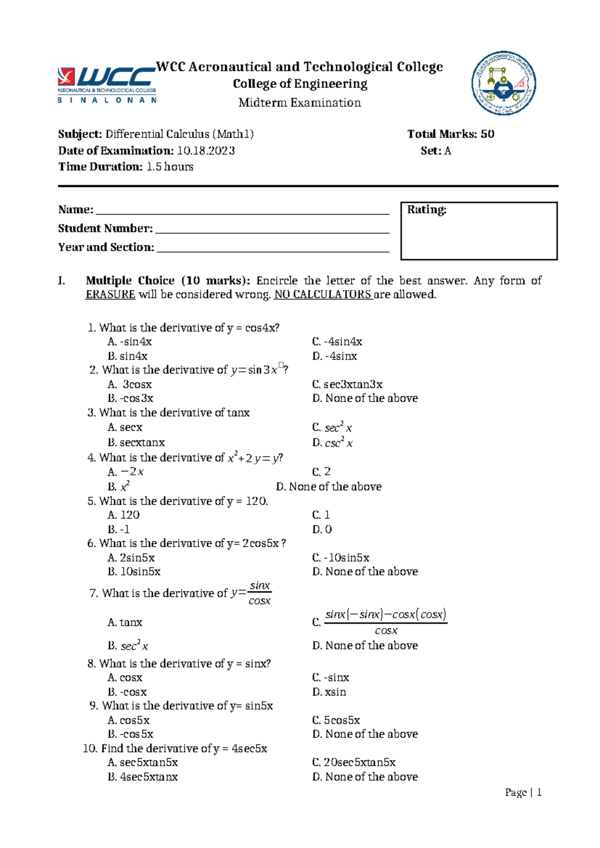 Exam Math1- Pre Finals - Differential calculus practice problems - WCC ...
